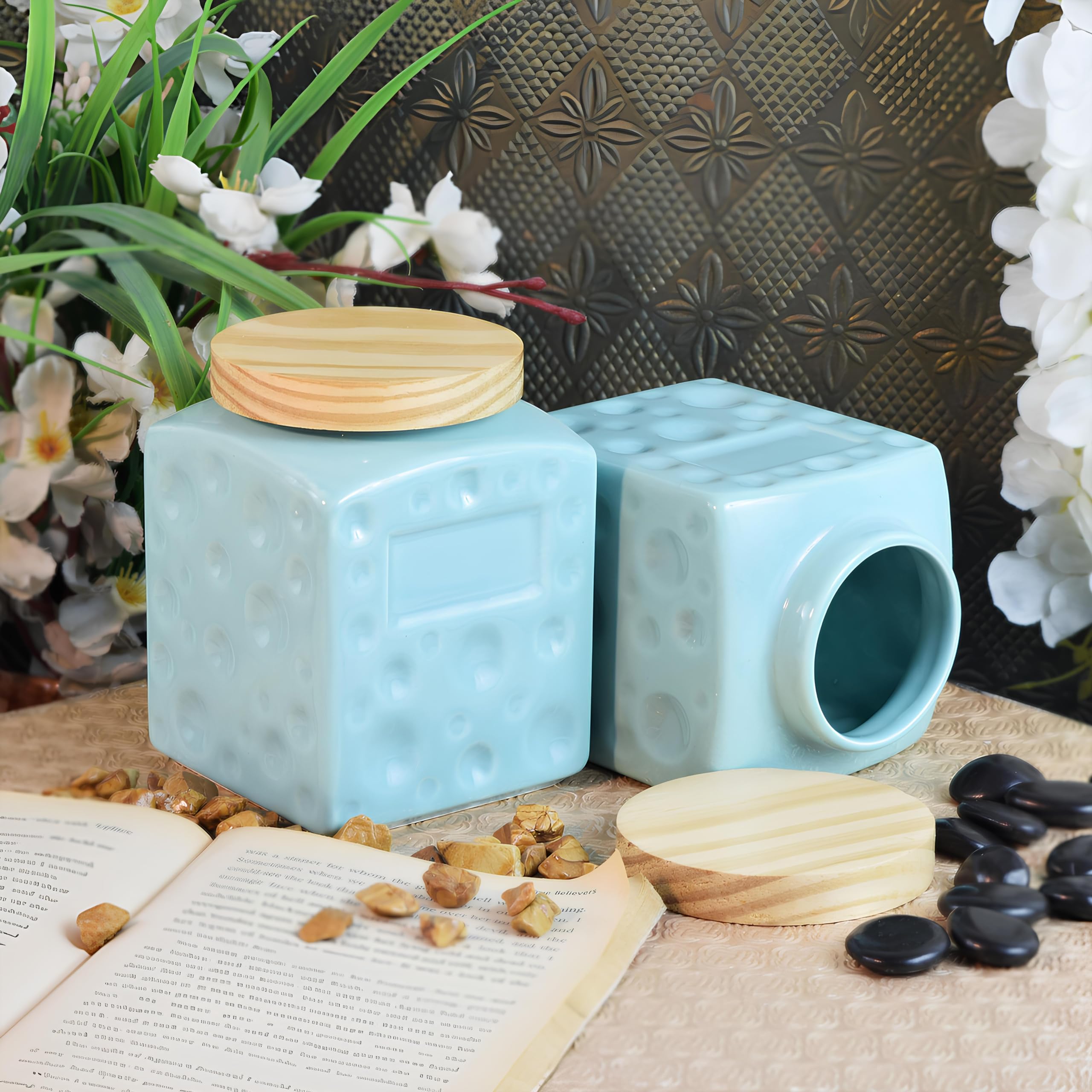 Square Ceramic Canisters Red Tea Tin Caddy And Spoon Containers With