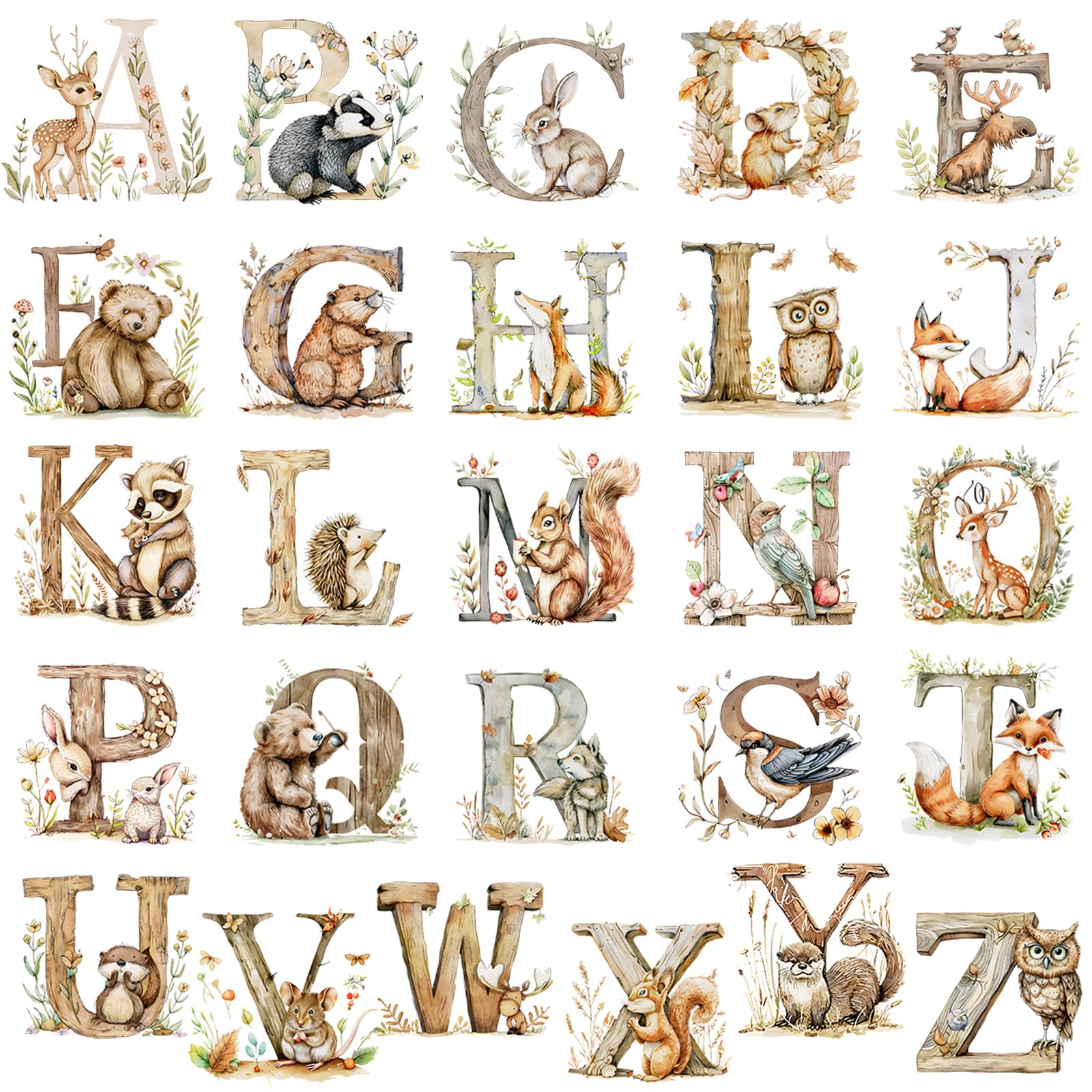 Amazon.com: Dunzoom Woodland Alphabet Wall Decals Watercolor Animal ...