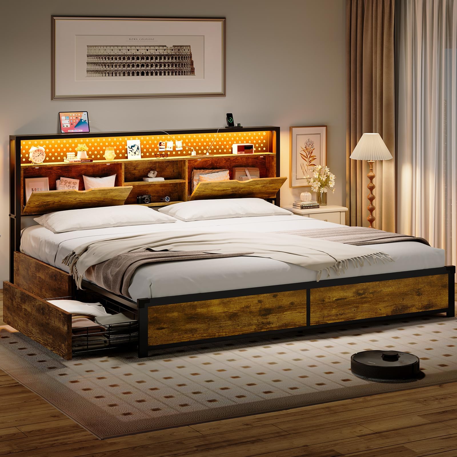 Amazon.com: BTHFST King Size Bed Frame with Storage Drawers & Headboard ...