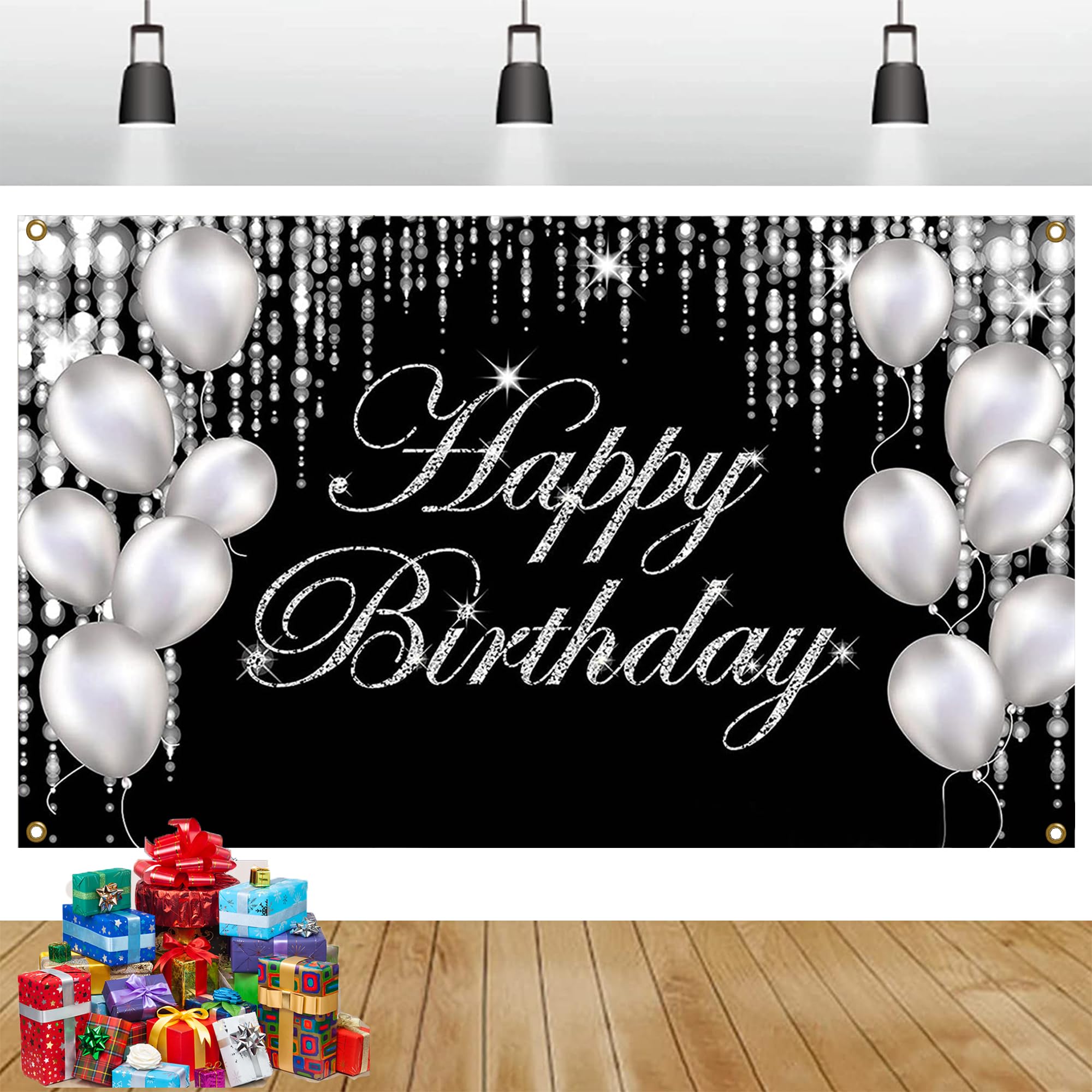 Happy Birthday Backdrop Banner,Silver Birthday Backdrop Decorations ...