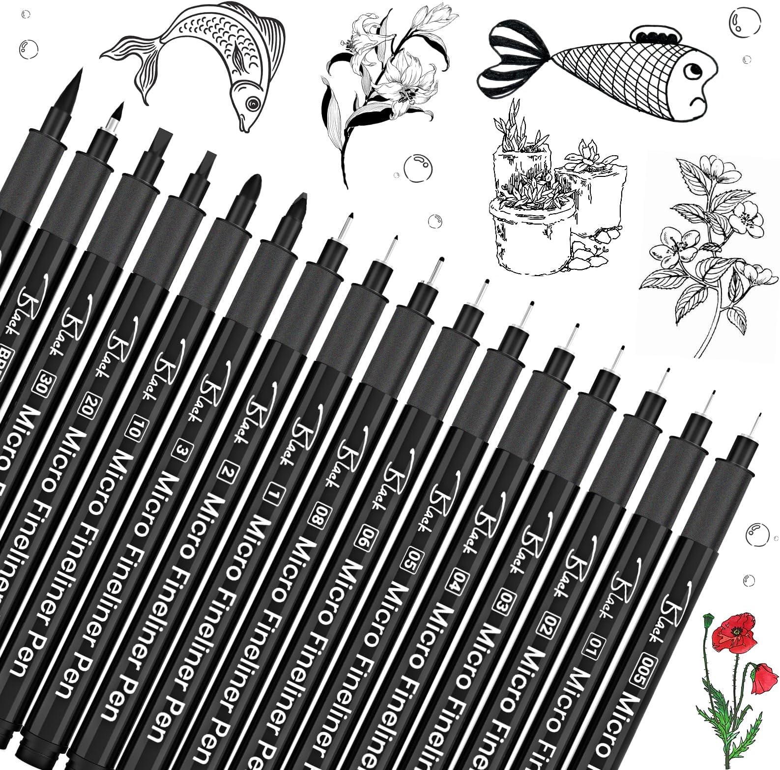 Amazon.com : SAKEYR 16 Black Micro Drawing Fineliner Art Pens for ...