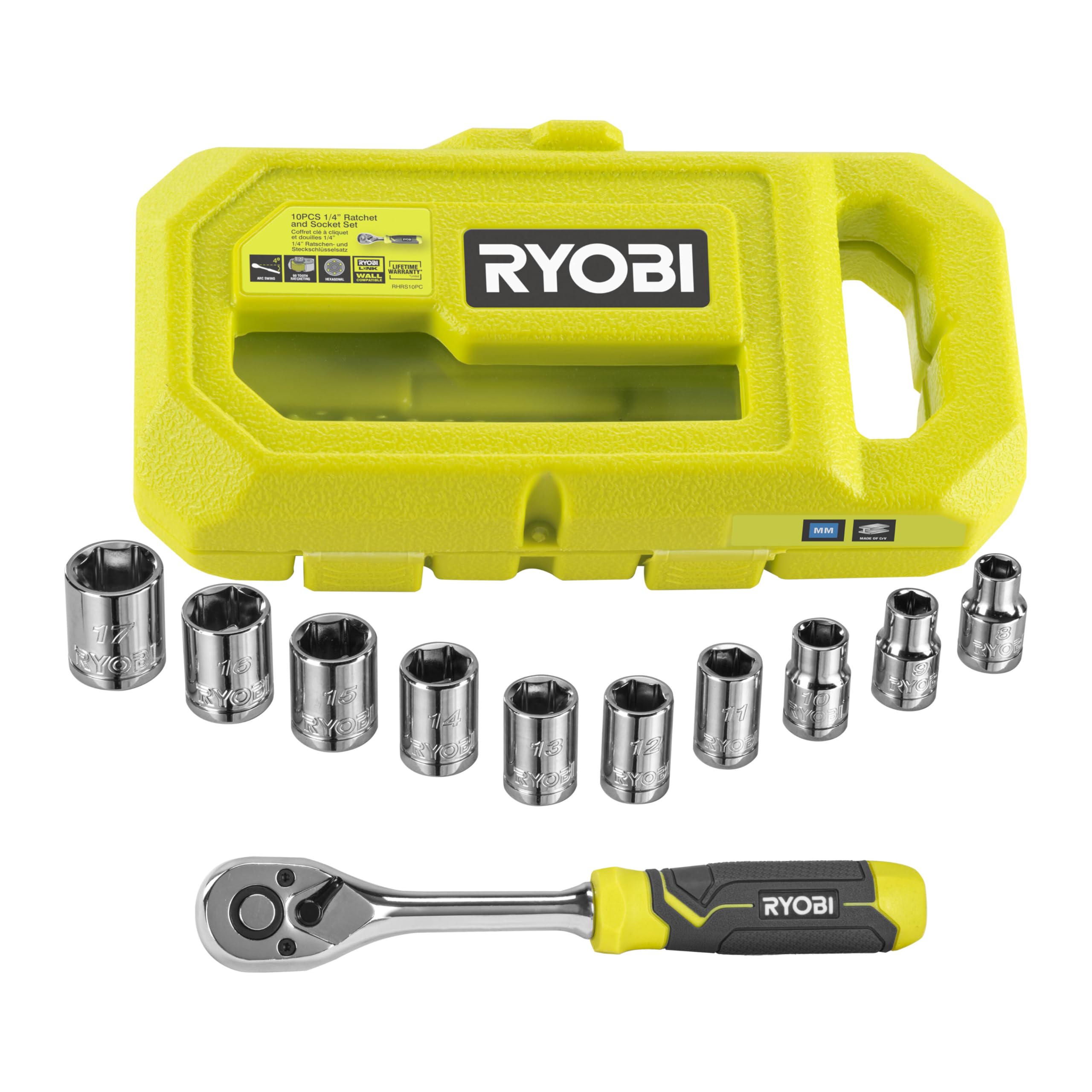 RYOBI RHRS10PC 1/4" Drive Ratchet and Sockets Set (10 Pieces), Grenn ...