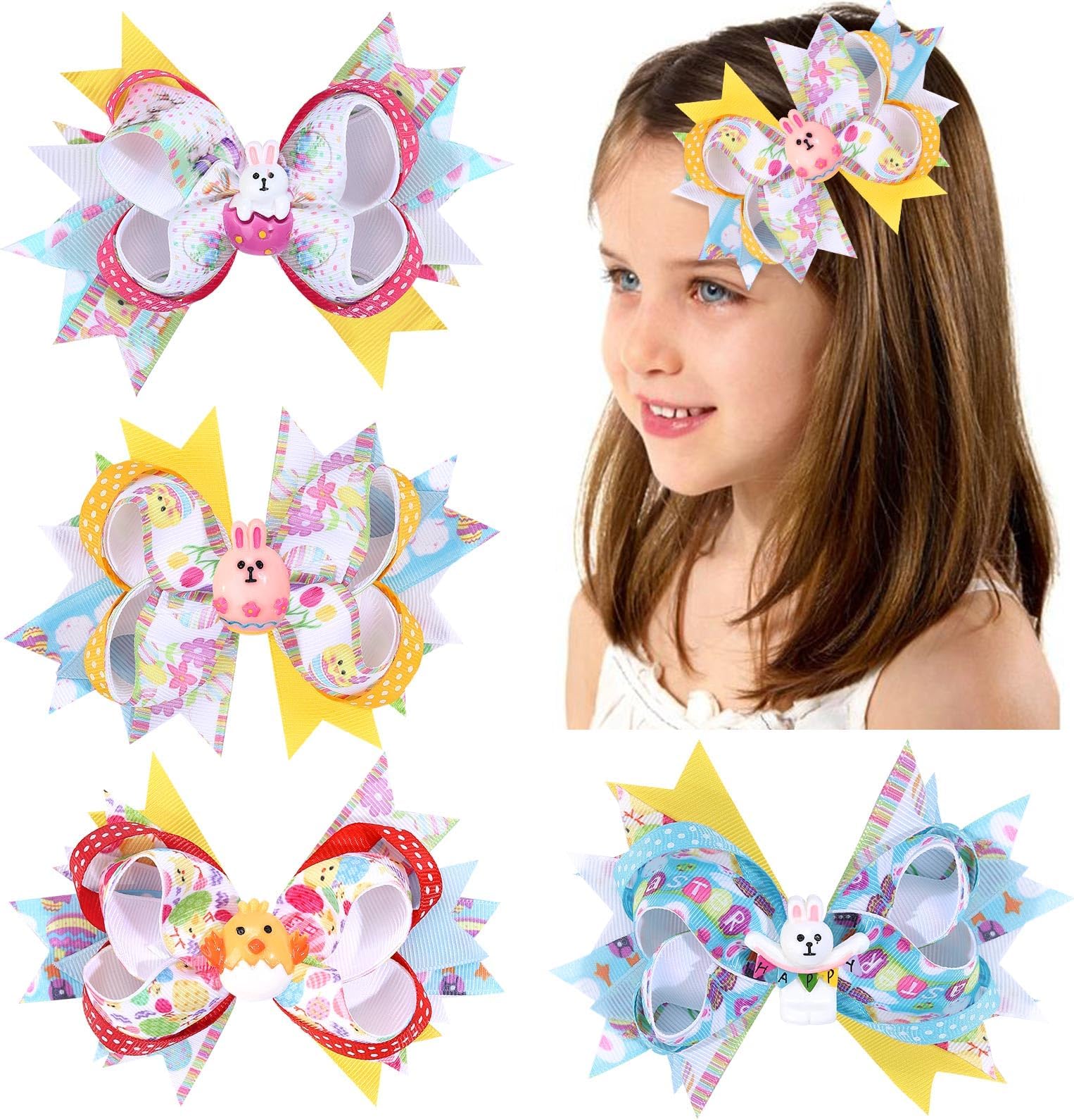 Amazon.com : 2 Pack Easter Bunny Hair Bows Ribbon Alligator Clips Girls ...