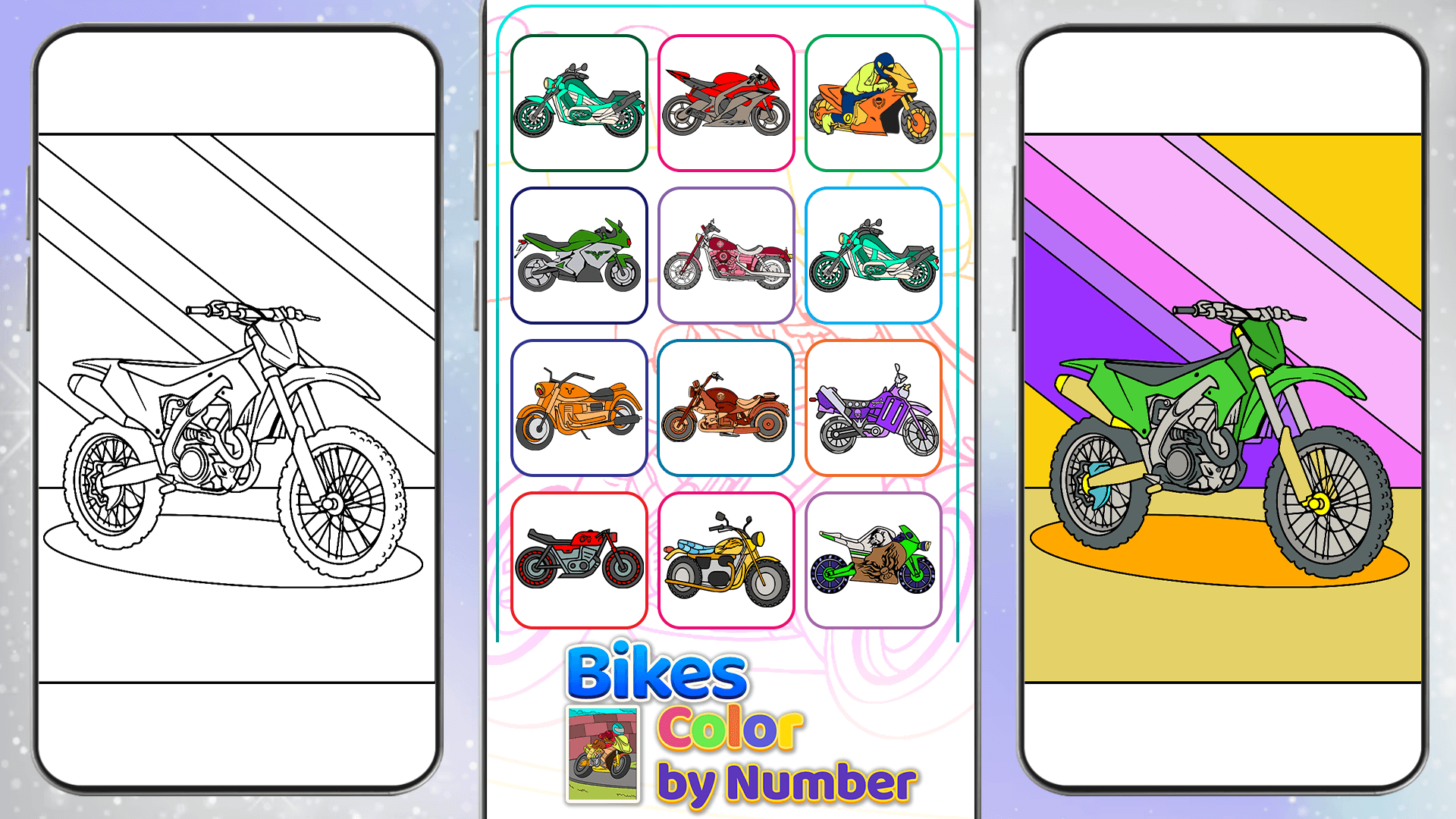 Bikes Paint by Number - Vehicles Glitter + Crayon + Coloring Pages ...