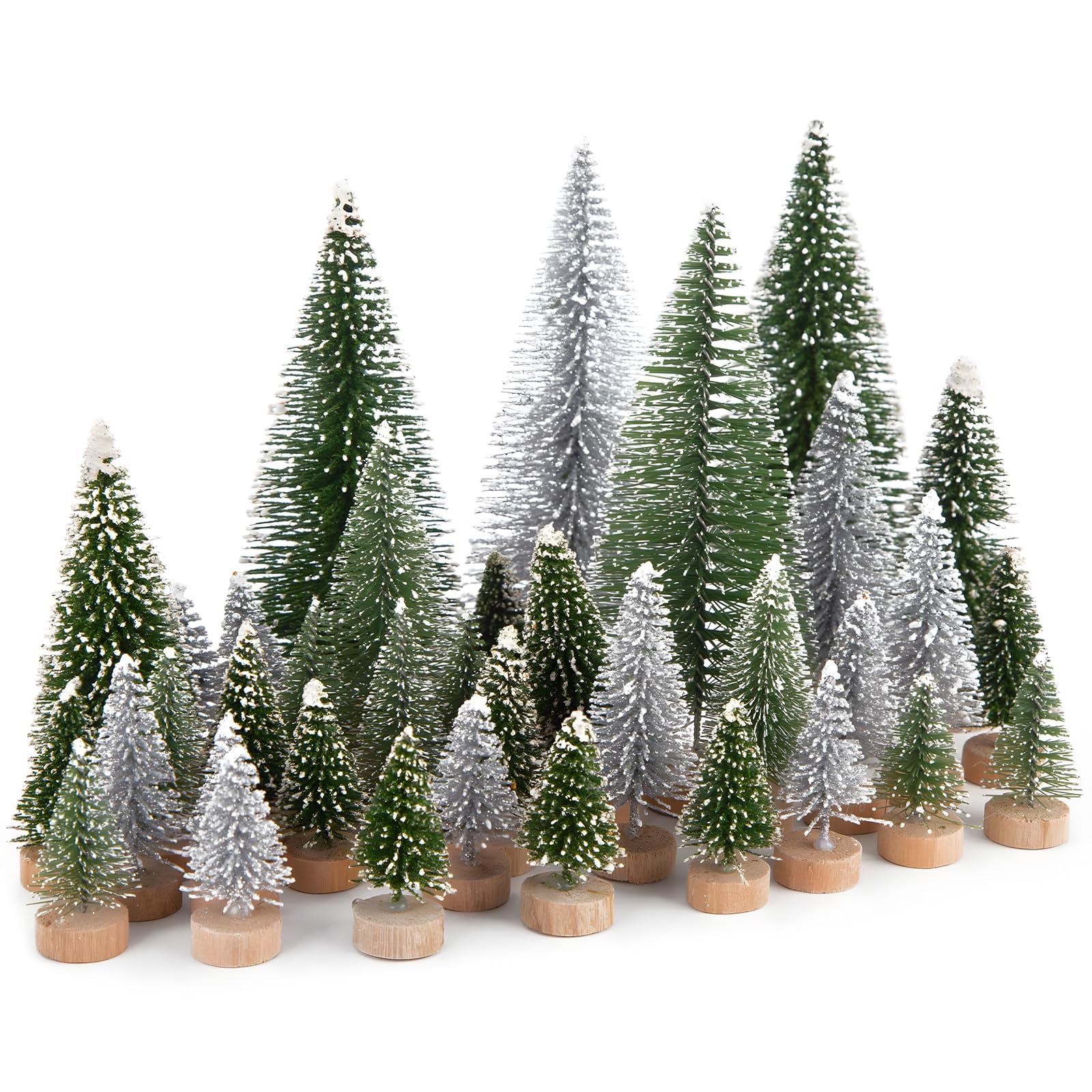 32Pcs Artificial Mini Christmas Trees Set, Bottle Brush Trees with Wood ...