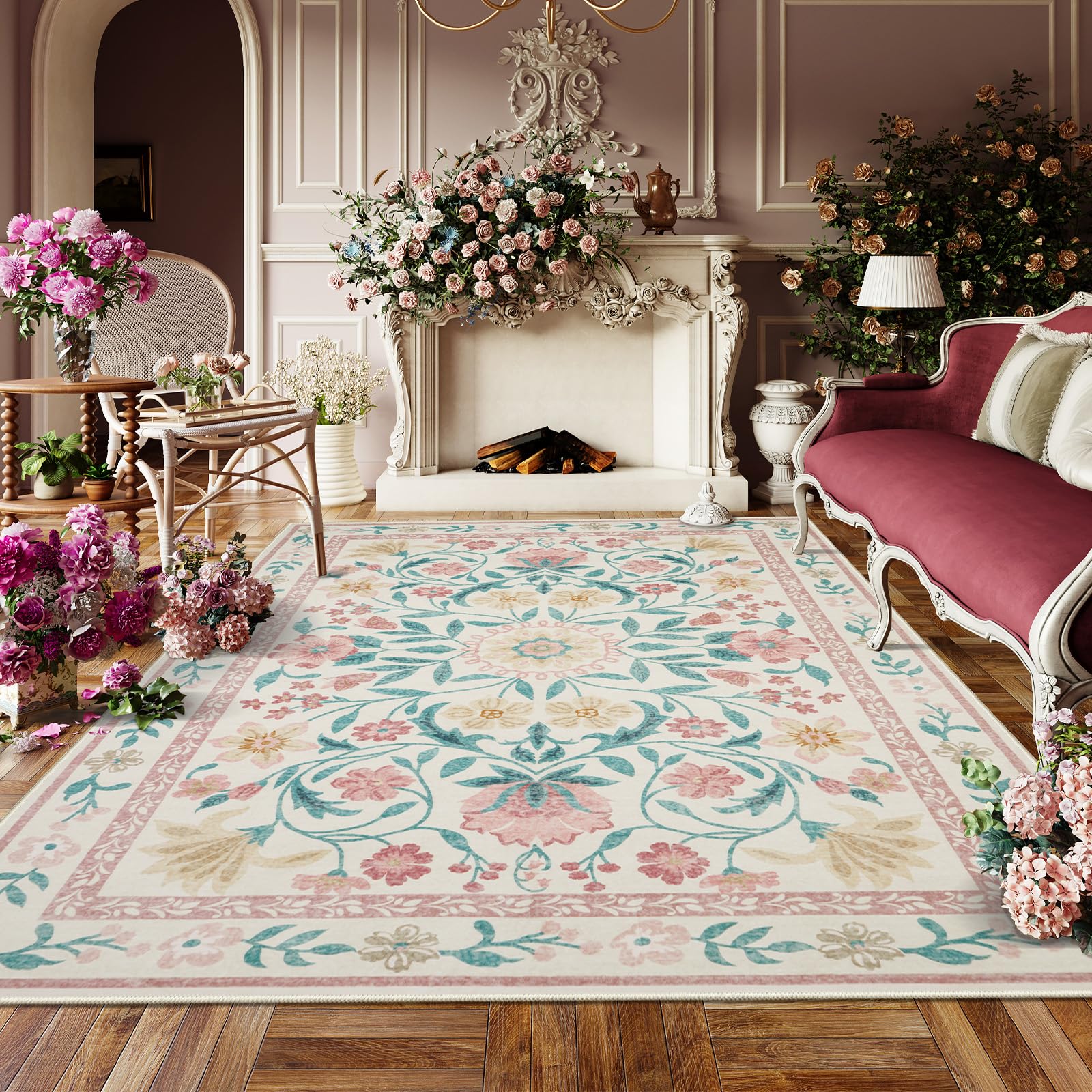 Lahome Floral Light Pink Rugs for Bedroom 5x7, Washable Boho Soft Area ...