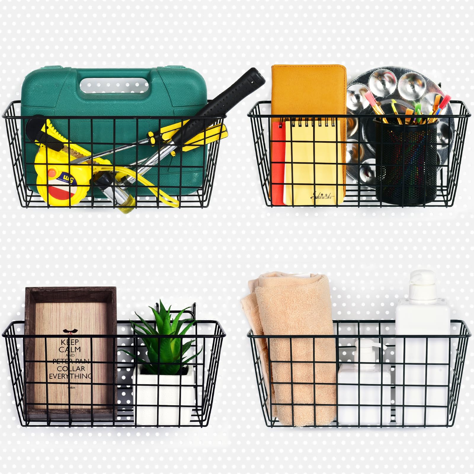 Snapklik.com : 4 Pack Pegboard Baskets, Black Metal Shelves Hooks To 1/ ...