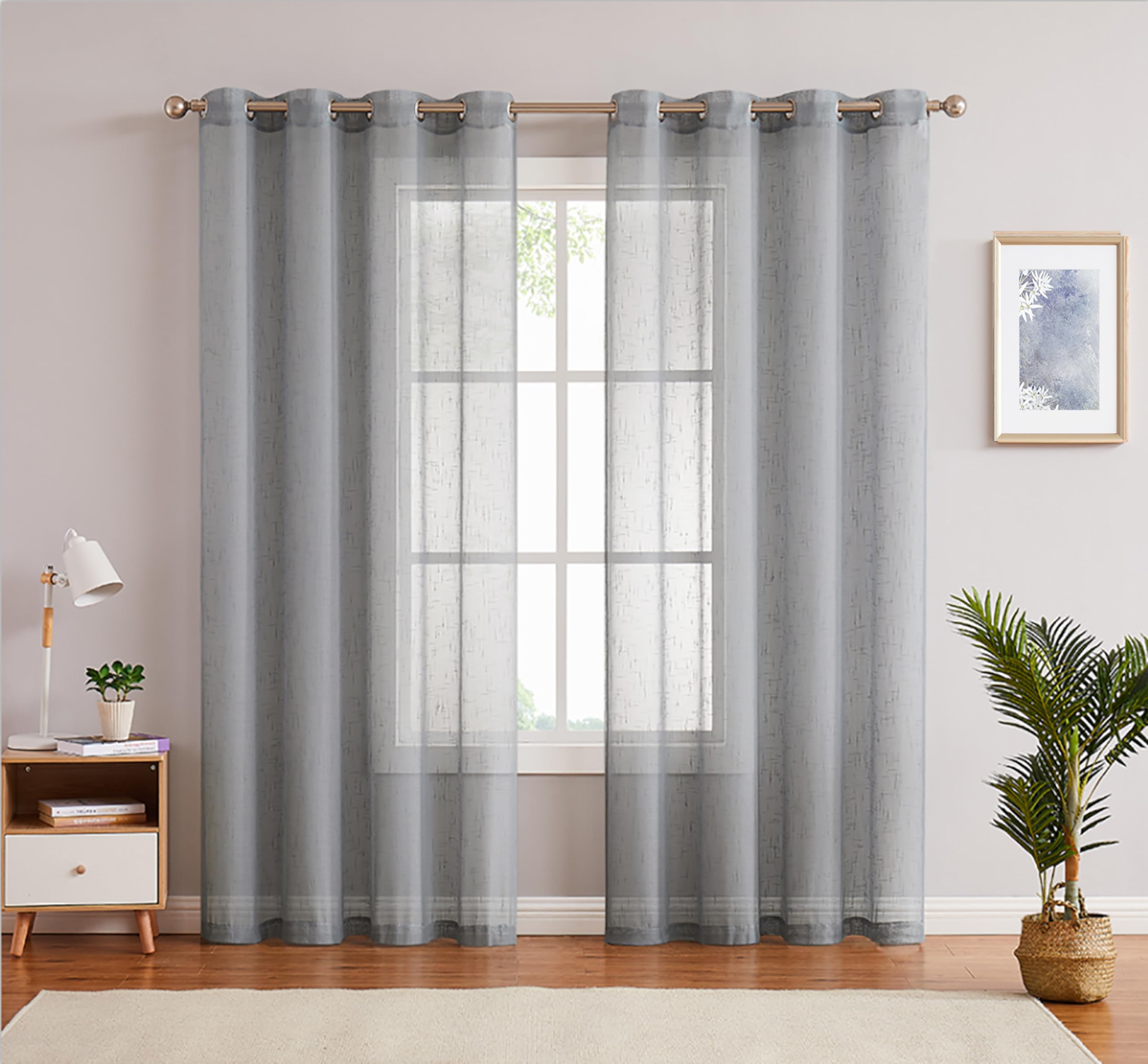 Grey Linen Sheer Window Curtain Panel Pairs 108 Inches Extra Long for ...
