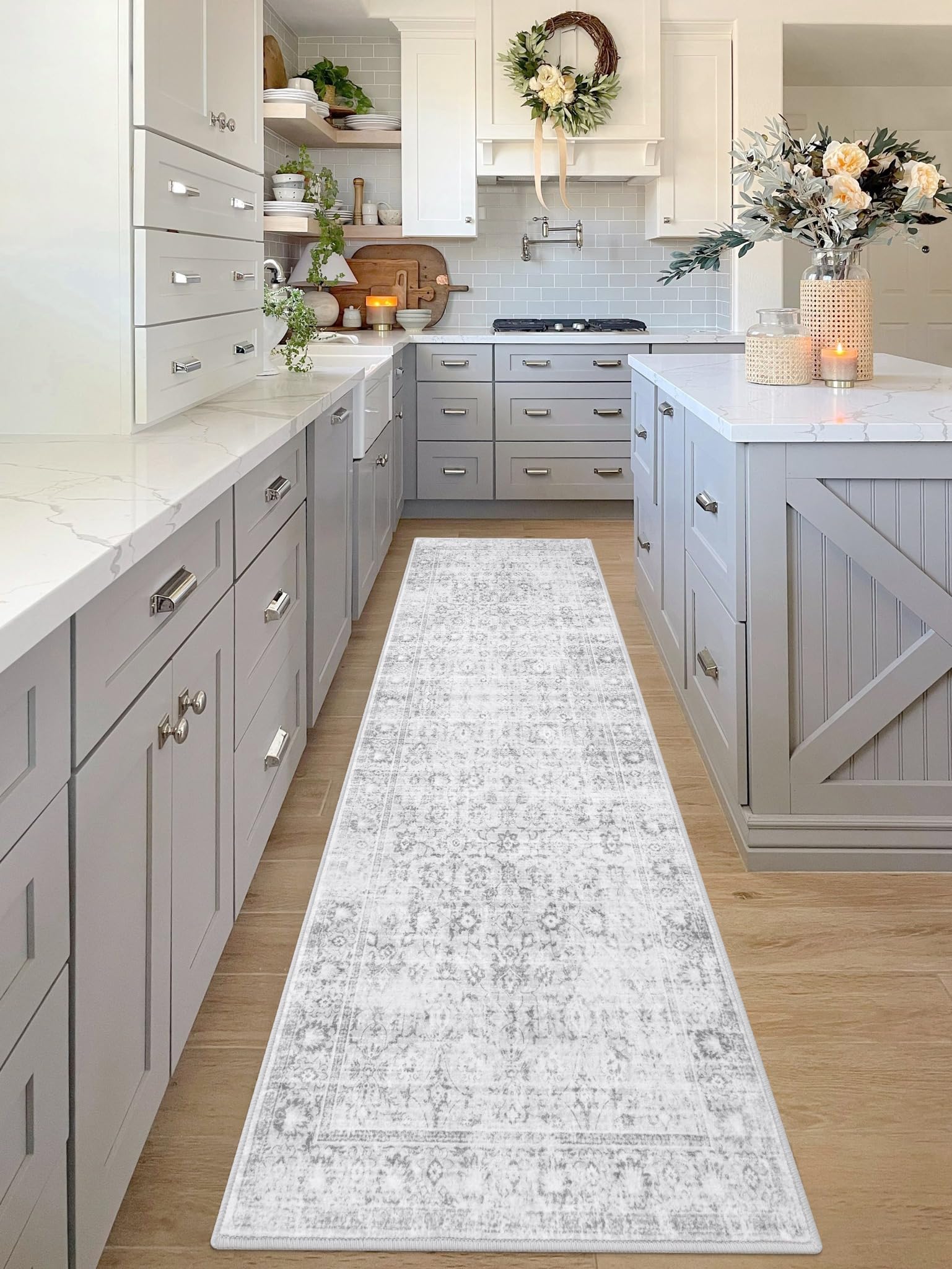 LIVEBOX Traditional Runner Rug 2.5x8 - Washable Grey Rug Long Kitchen ...