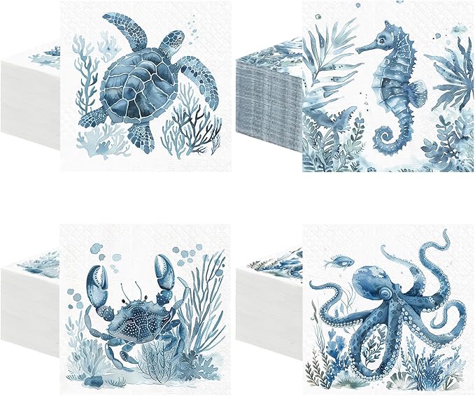 Amazon.com: Fulmoon 200 Pieces Blue Ocean Animal Paper Napkins Under ...