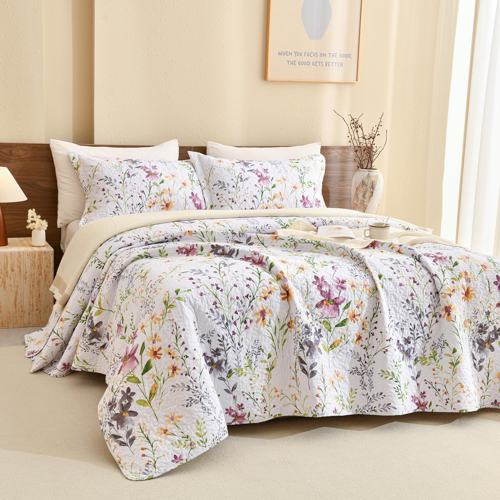 Sanracie Oversized King Bedspread(128"x120"),100% Cotton Floral Quilt ...