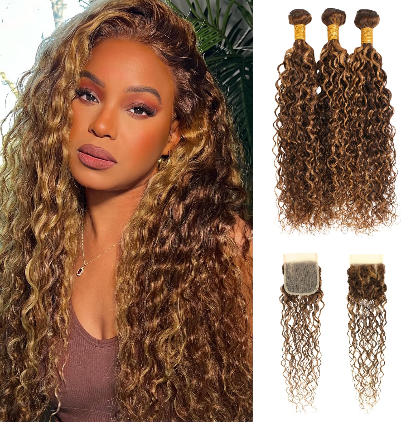 Amazon.com : ALHER Water Wave Ombre Human Hair Bundles with 4x4 Closure ...