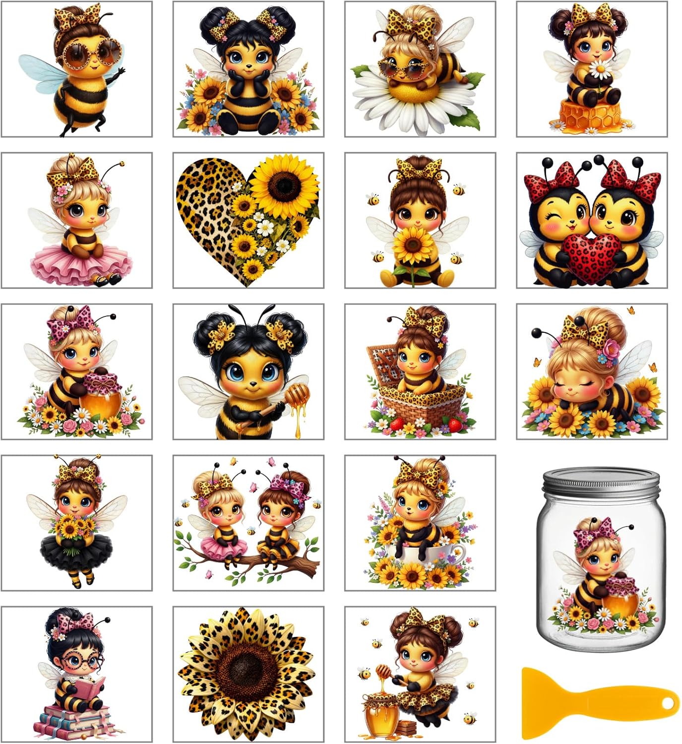 Amazon.com: GLOBLELAND 18 Sheets Cute Bees Sunflower Transfer Stickers ...
