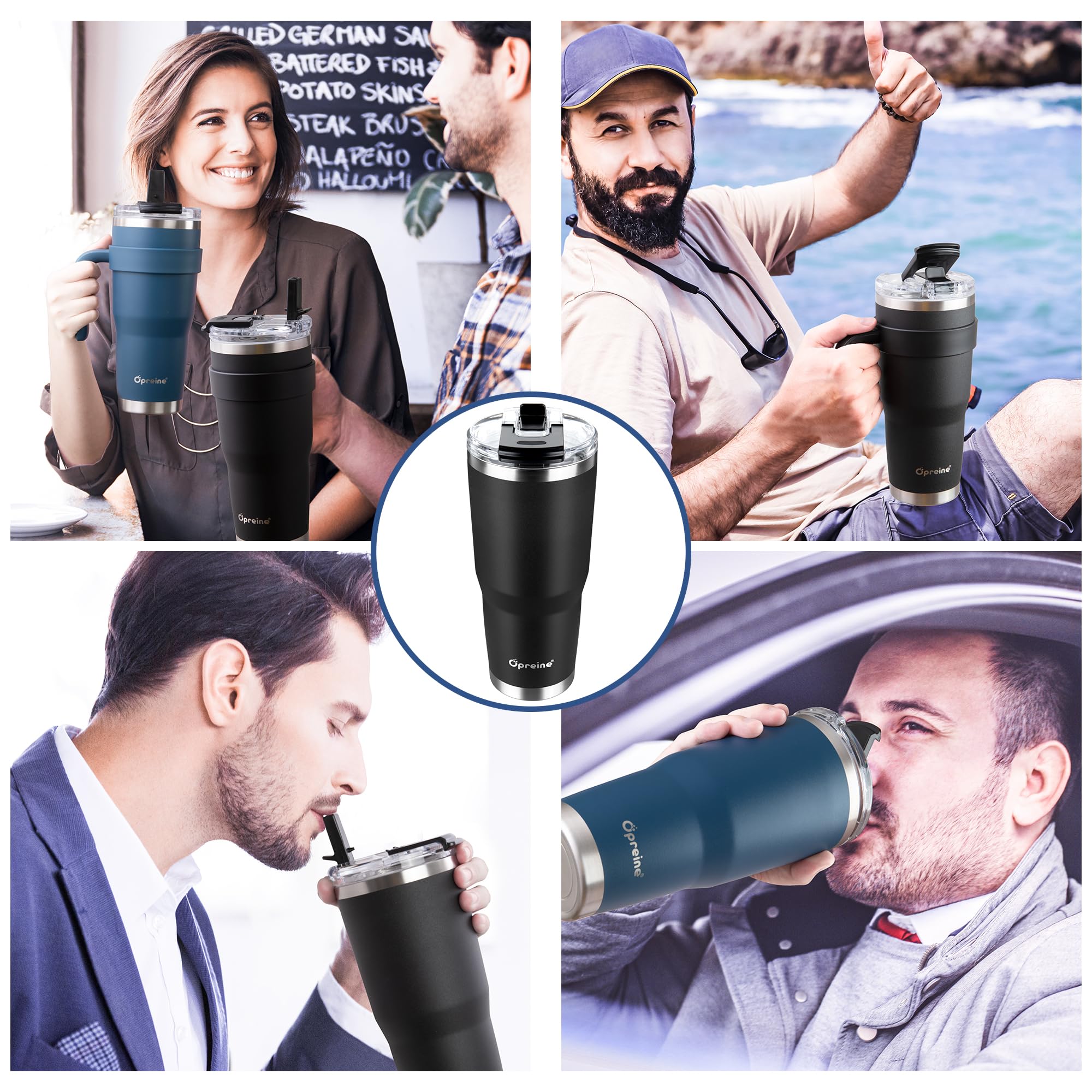 Opreine 32oz Tumbler with Handle, Insulated Tumbler with 2-in-1 Lid and ...