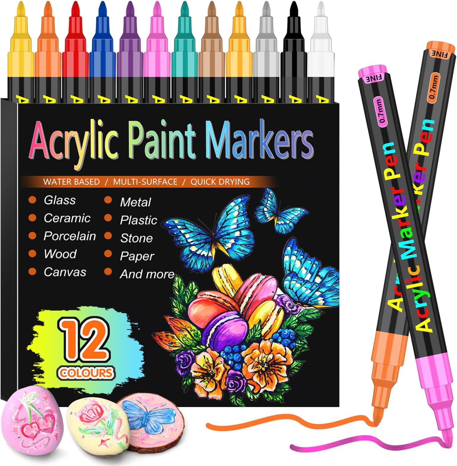 Laconile Acrylic Paint Pens for rock Painting,12 Fine Tip Paint Markers ...