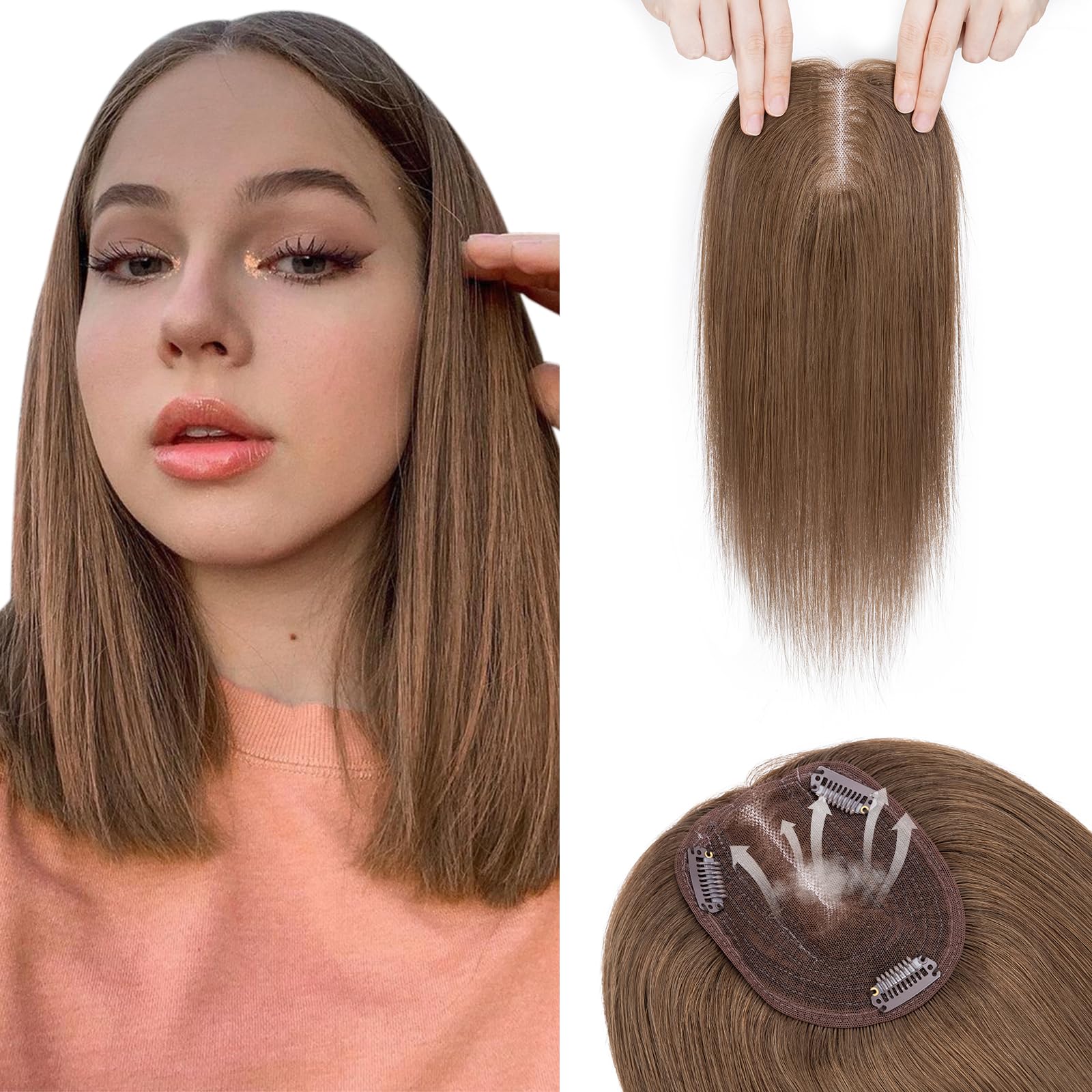 Amazon.com : Hairro 100% Human Hair Topper without Bangs Middle Part ...