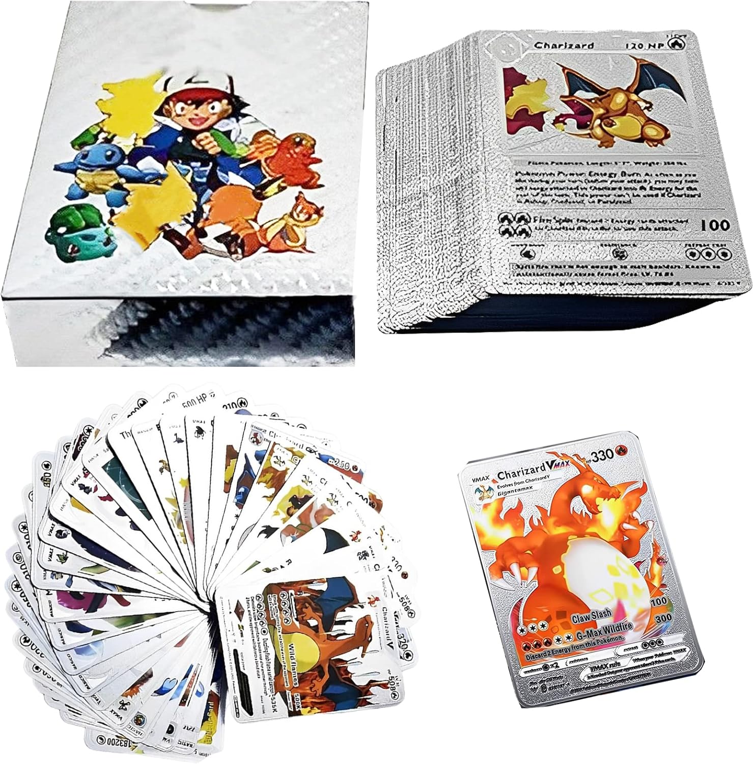 Buy 55 PCS Silver Foil Rare Cards Packs Set, Fire Dragon Vmax Metal ...