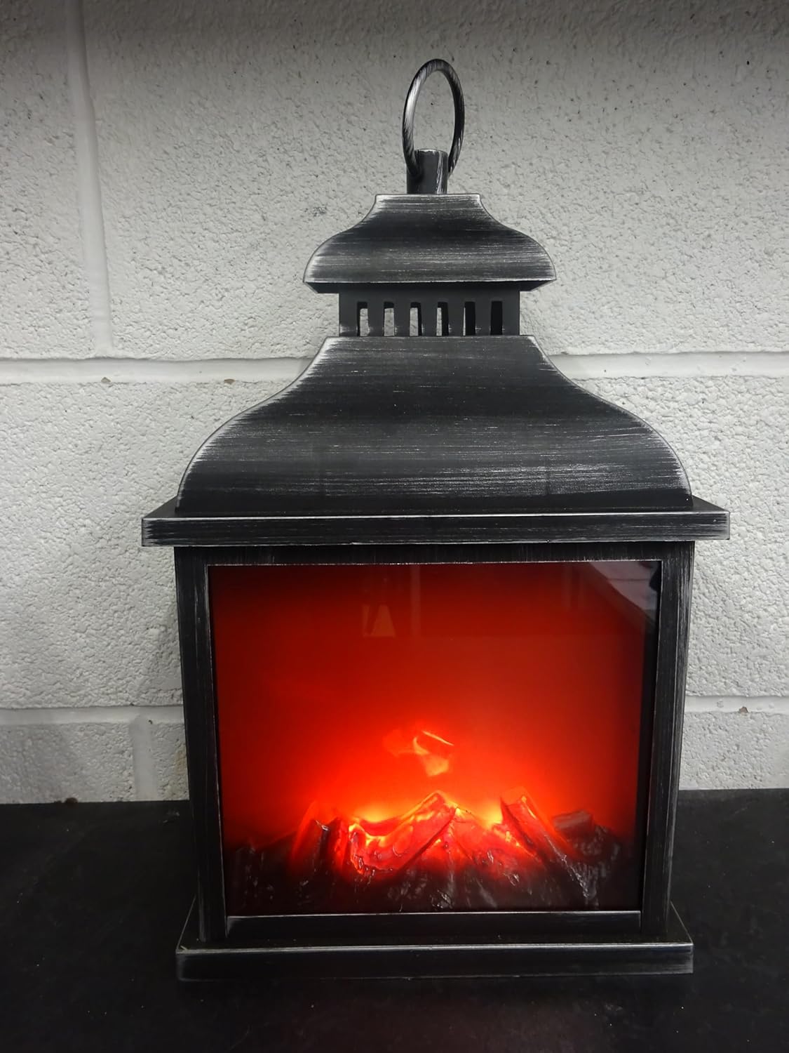 Large Rustic Black LED Fireplace Flame Lantern with Warm Glowing ...