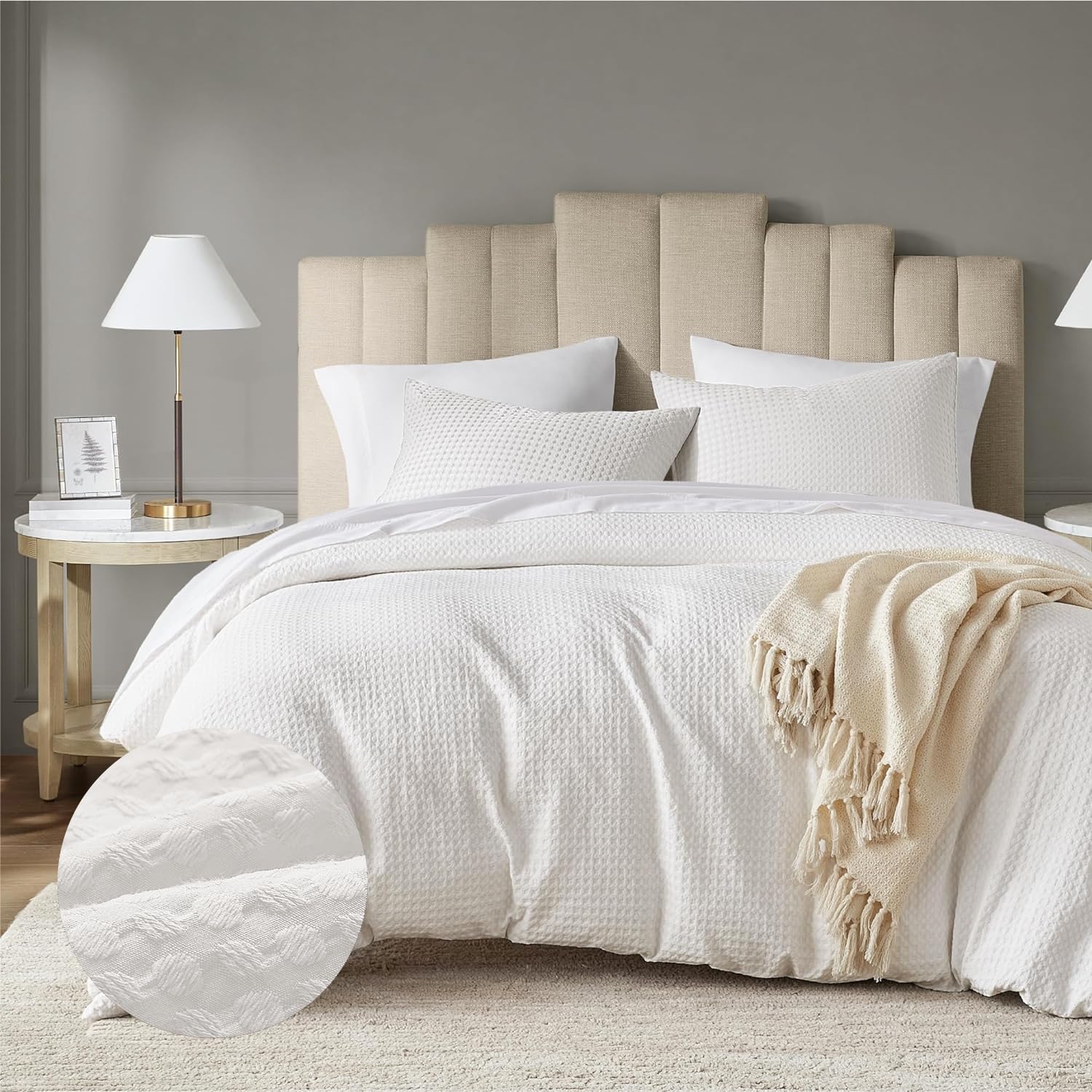 Amazon.com: White Waffle Weave Comforter Set Queen Size - Soft Neutral ...