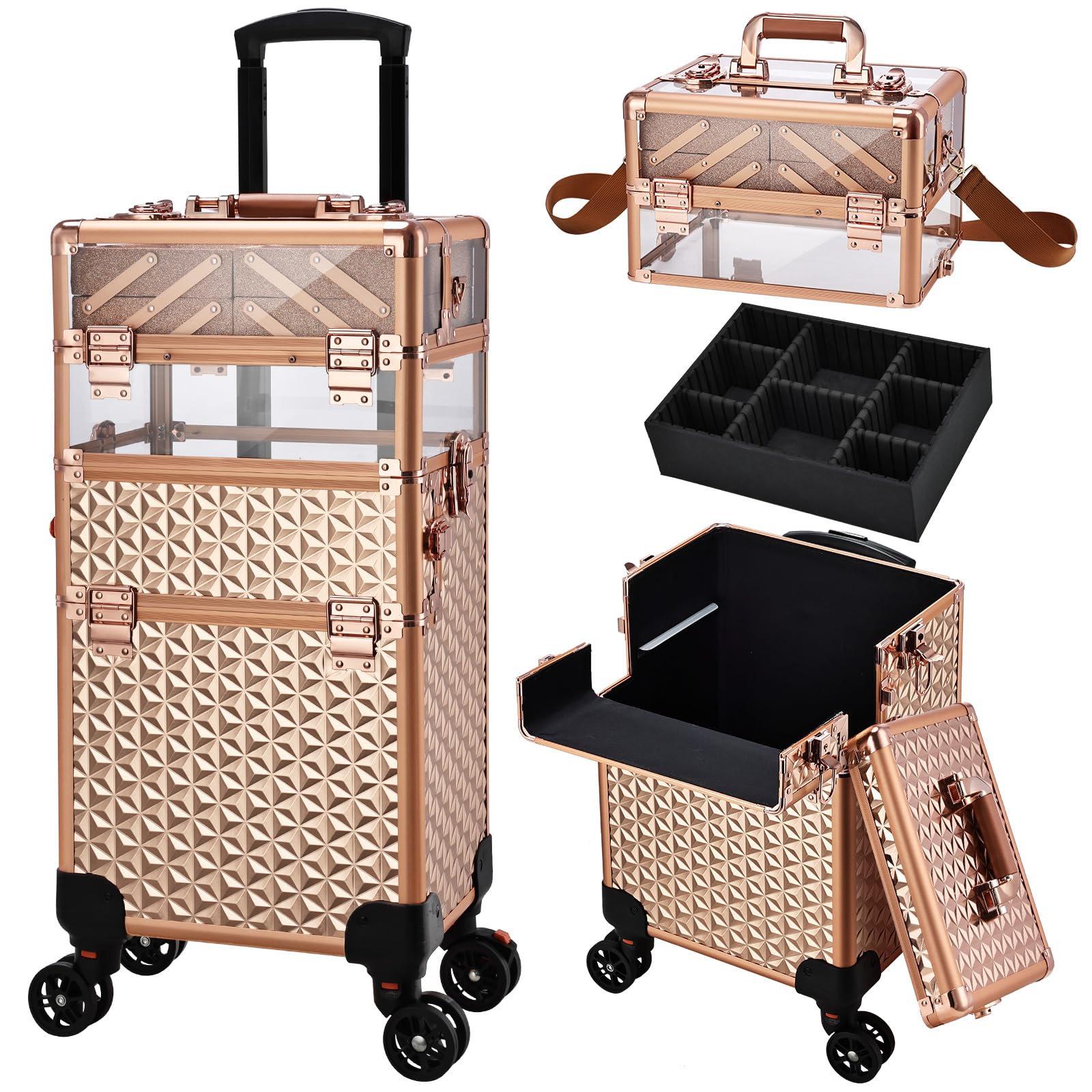 Yueieoun Professional Rolling Makeup Case, 3 in 1 Train Case on Wheels ...
