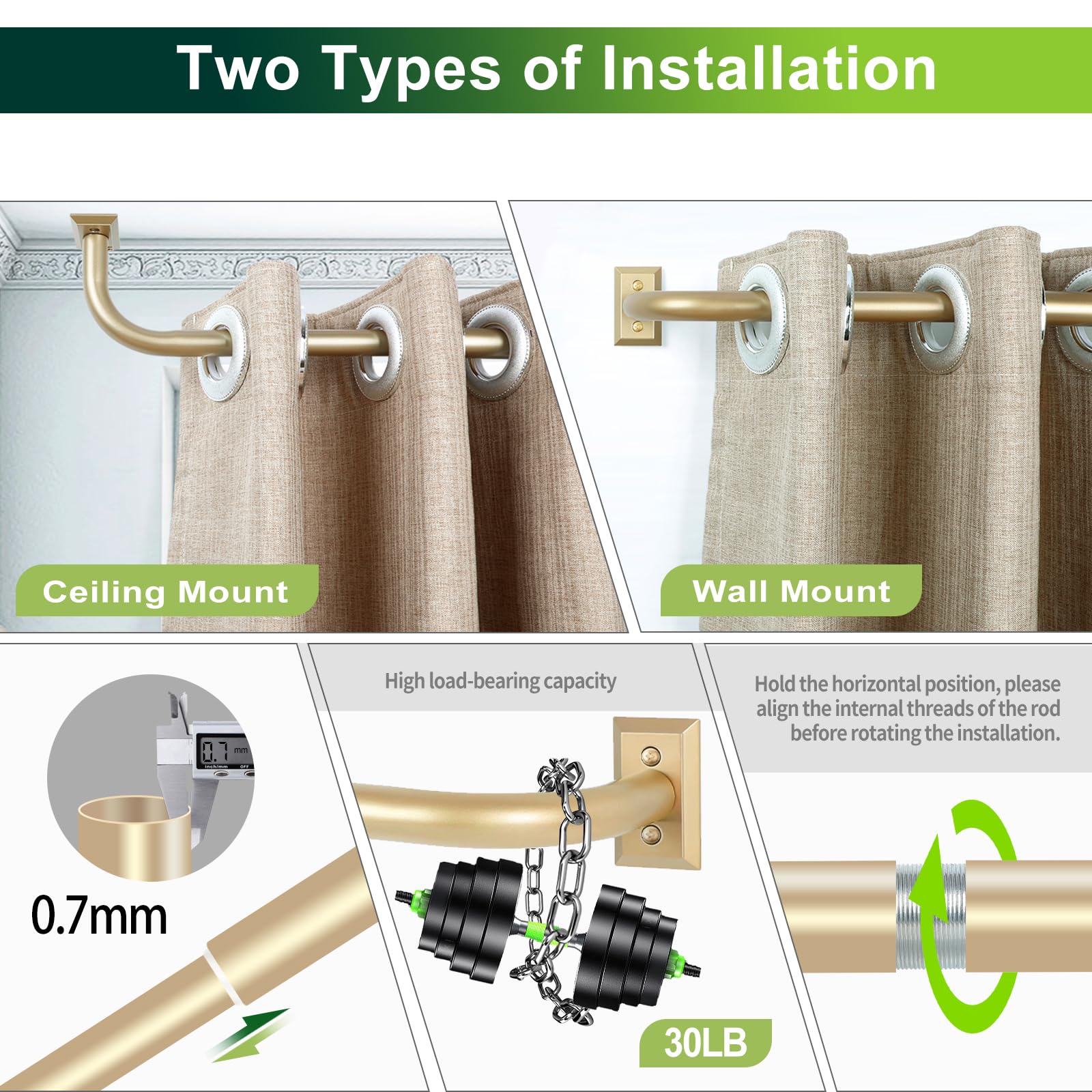 Wrap Around Curtain Rods,Gold Curtain Rods for windows 72 to 144 Inch(6 ...