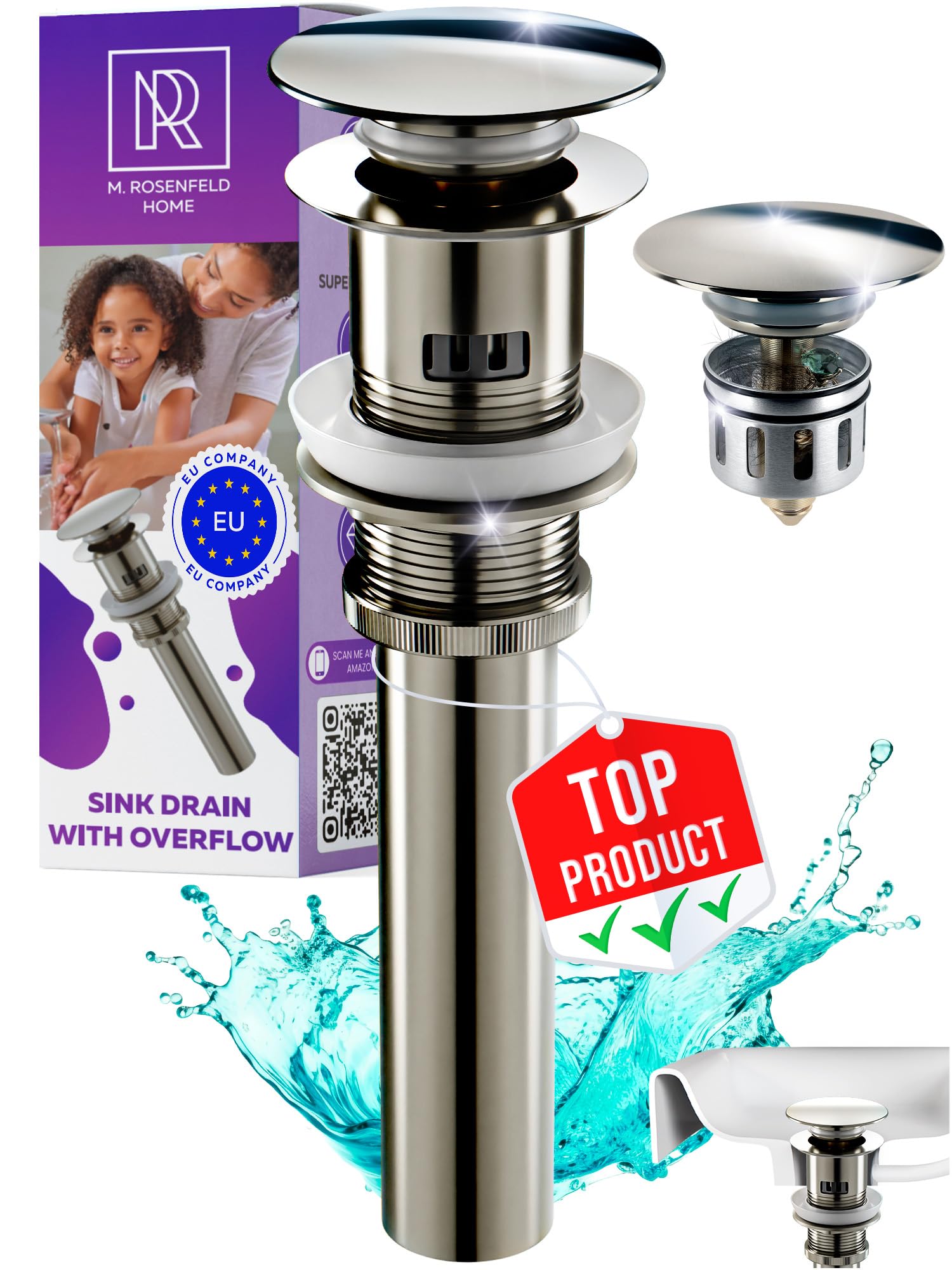 Brushed Nickel Pop Up Drain with Overflow - 1.6"- 1.9" Pop Up Drain for ...