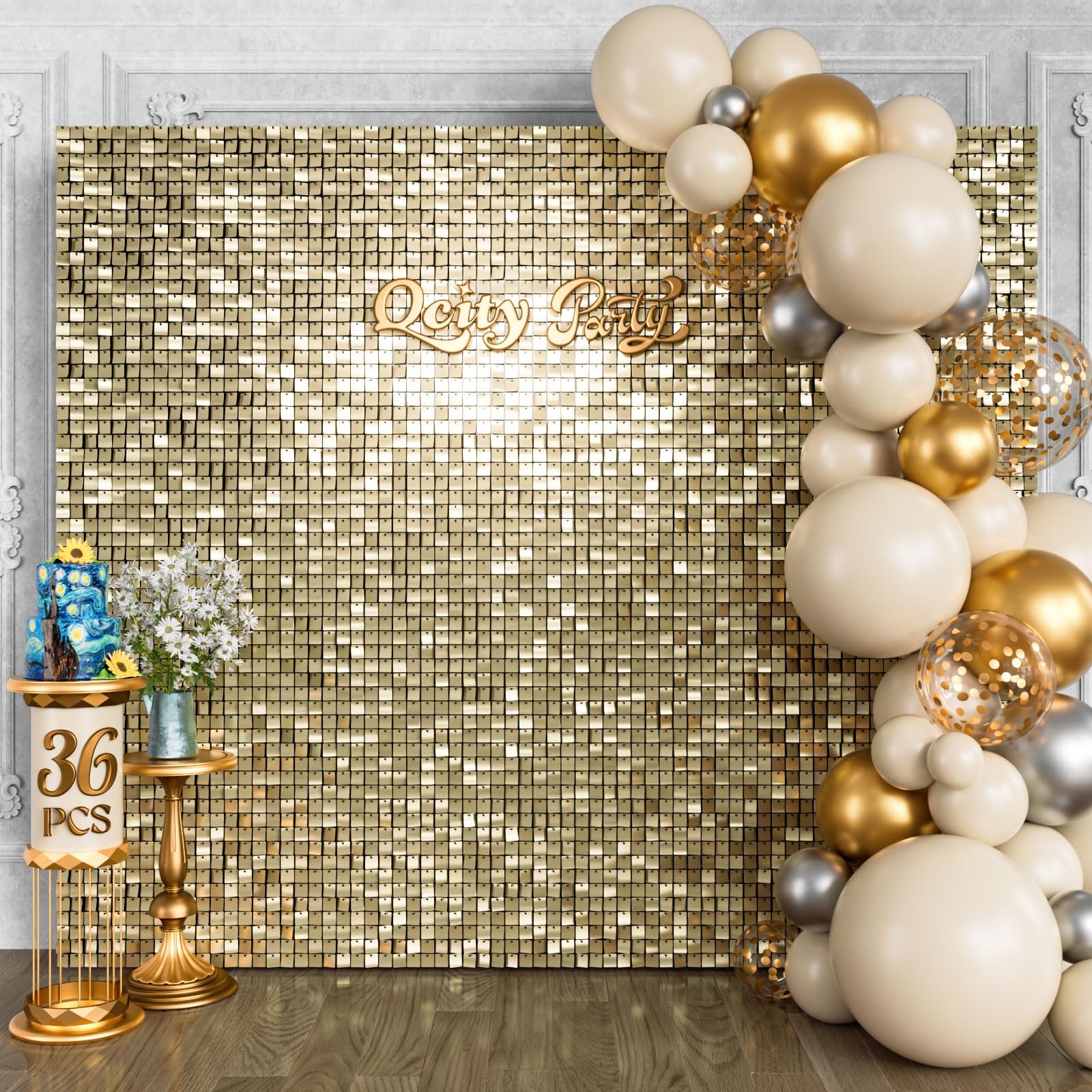Amazon.com : Qcity Light Gold Shimmer Wall Backdrop, 36PCS Square ...