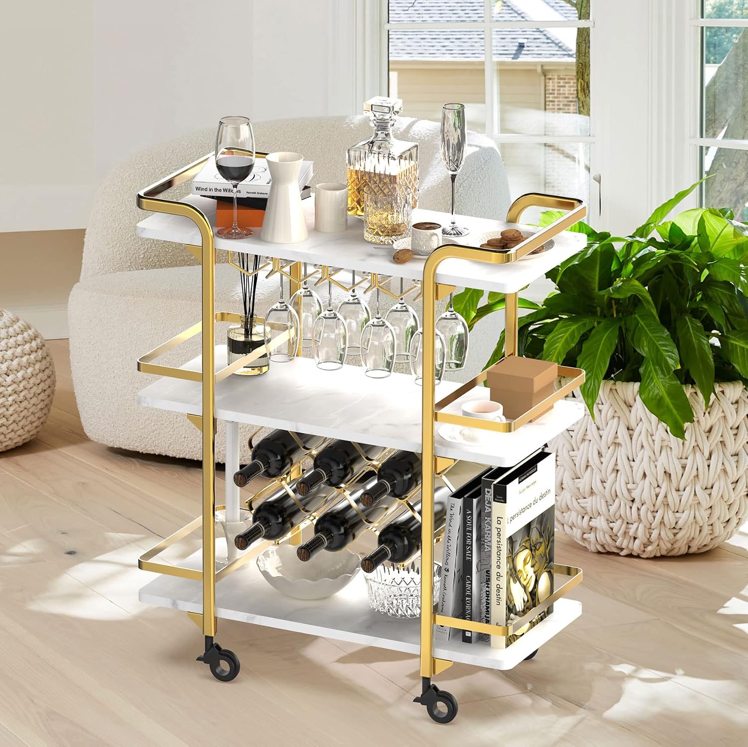 Amazon.com - Jubao Bar Cart Gold, Upgraded Rolling Serving Bar Cart ...