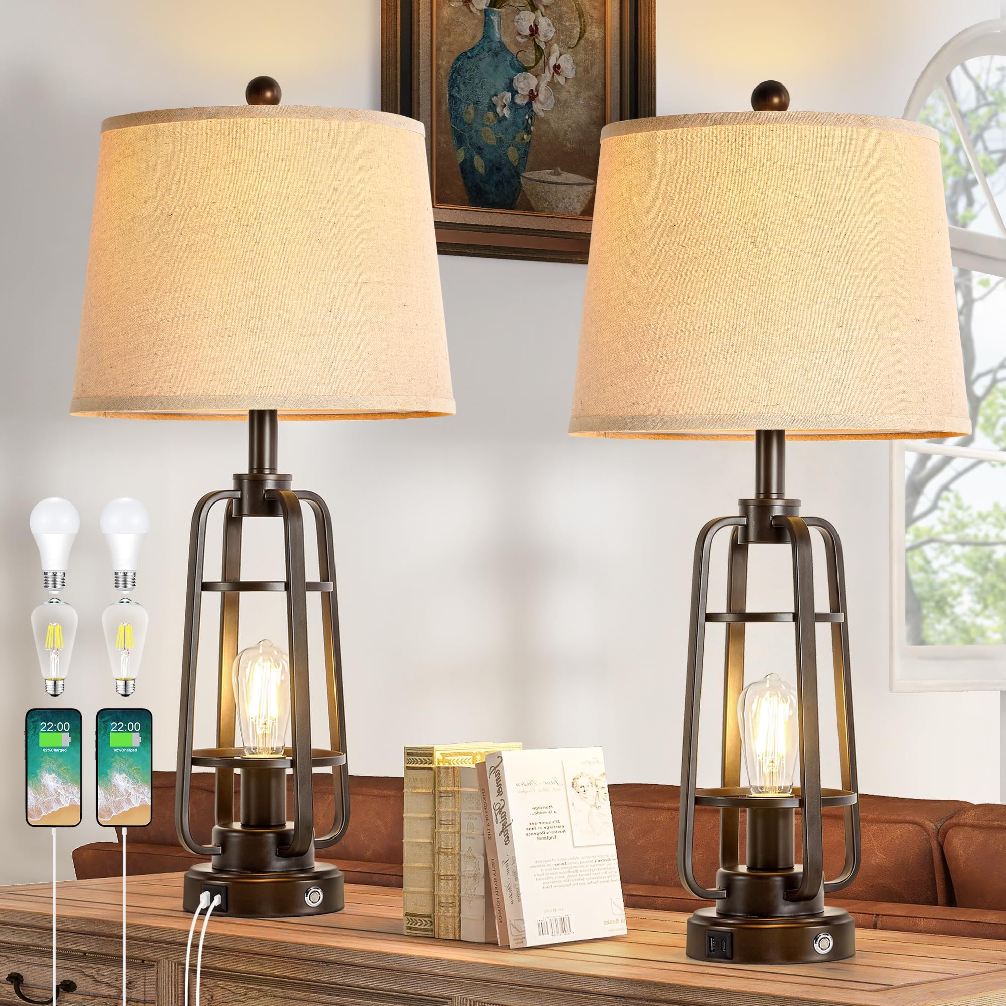 Table Lamps for Living Room, 27'' Tall Lamps Set of 2 with USB C+A ...