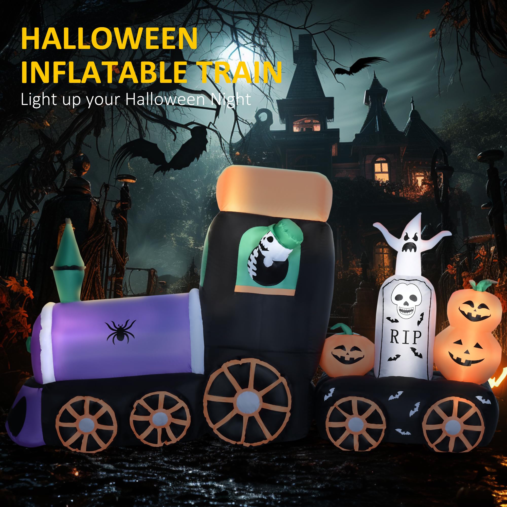 HOMCOM 8' Halloween Inflatables Outdoor Decorations Skeleton Train with ...