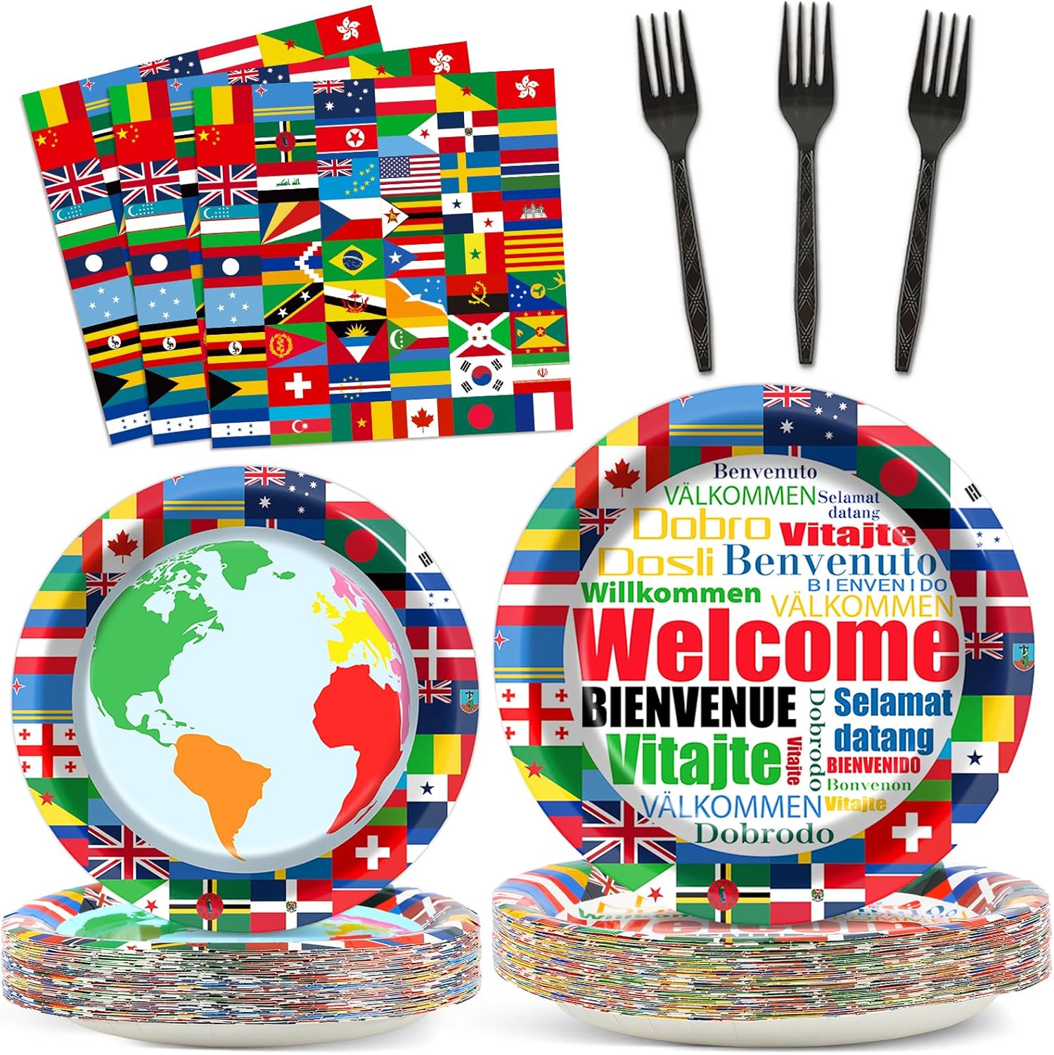 Amazon.com: International Flags Welcome Party Plates Napkins Forks ...