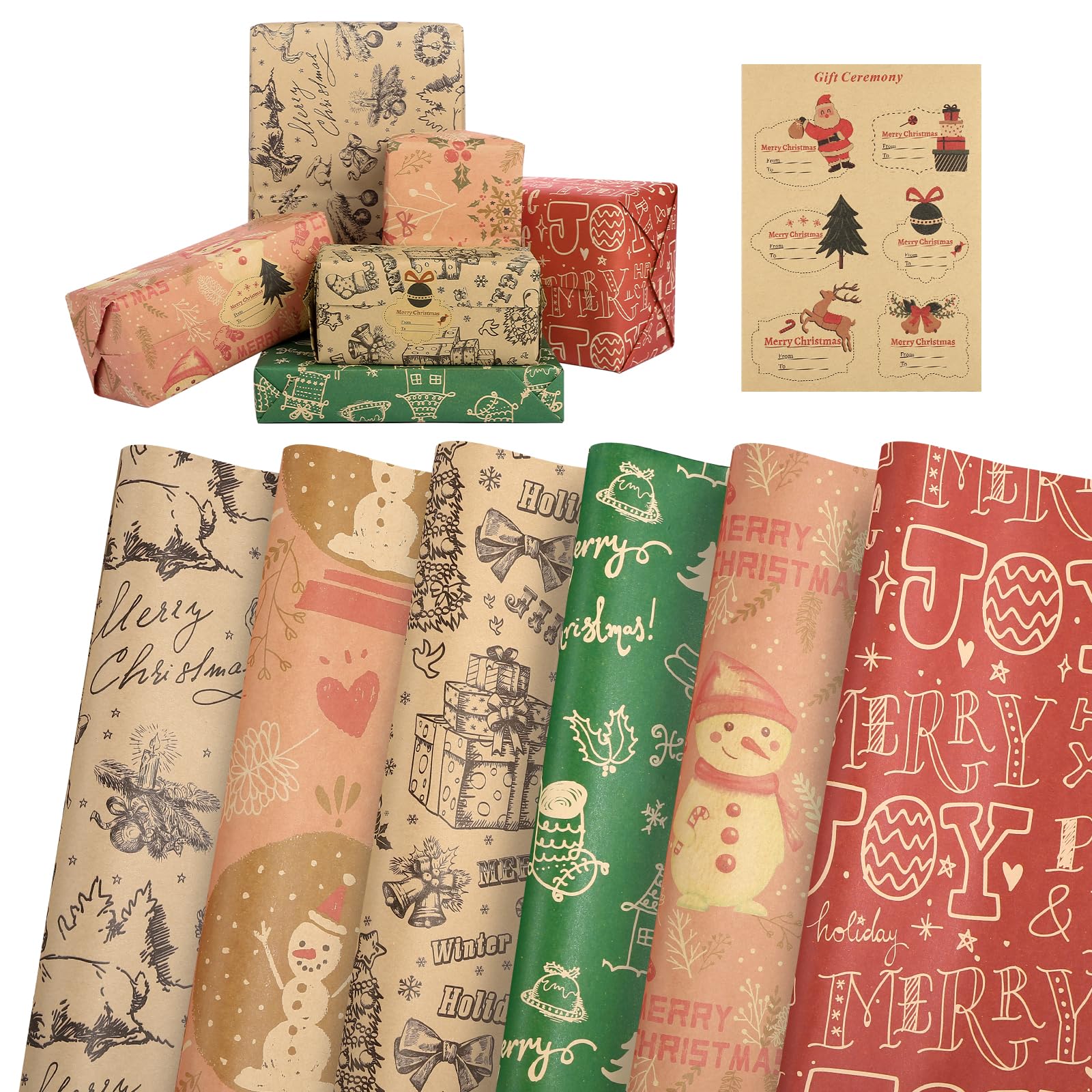 Naler 6pcs Christmas Wrapping Paper Recycled Kraft Paper Xmas Gift ...