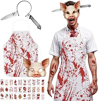Amazon.com: JIURUN Halloween Bloody Butcher Costume Set with Pig Mask ...