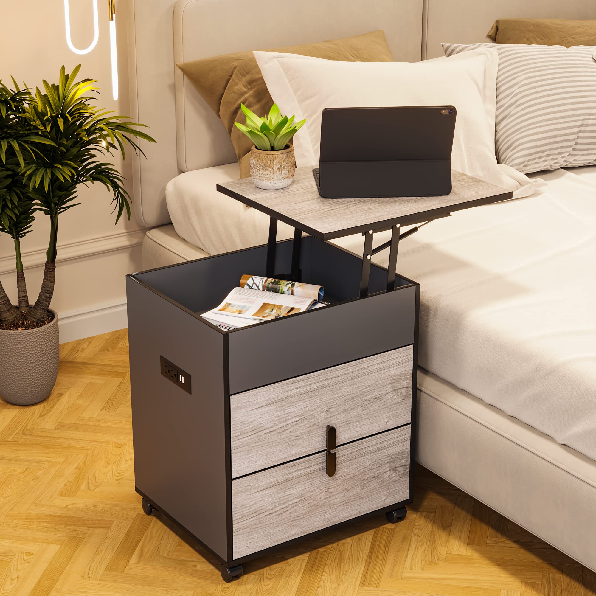 HNEBC Nightstand with Charging Station, Modern Bedside Table/End Table ...