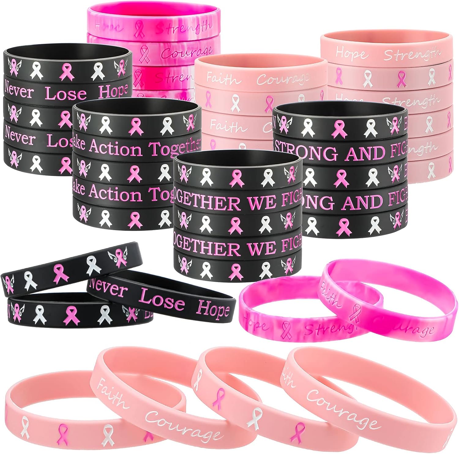 Amazon.com: Breast Cancer Awareness Bracelets Silicone Pink Ribbon ...