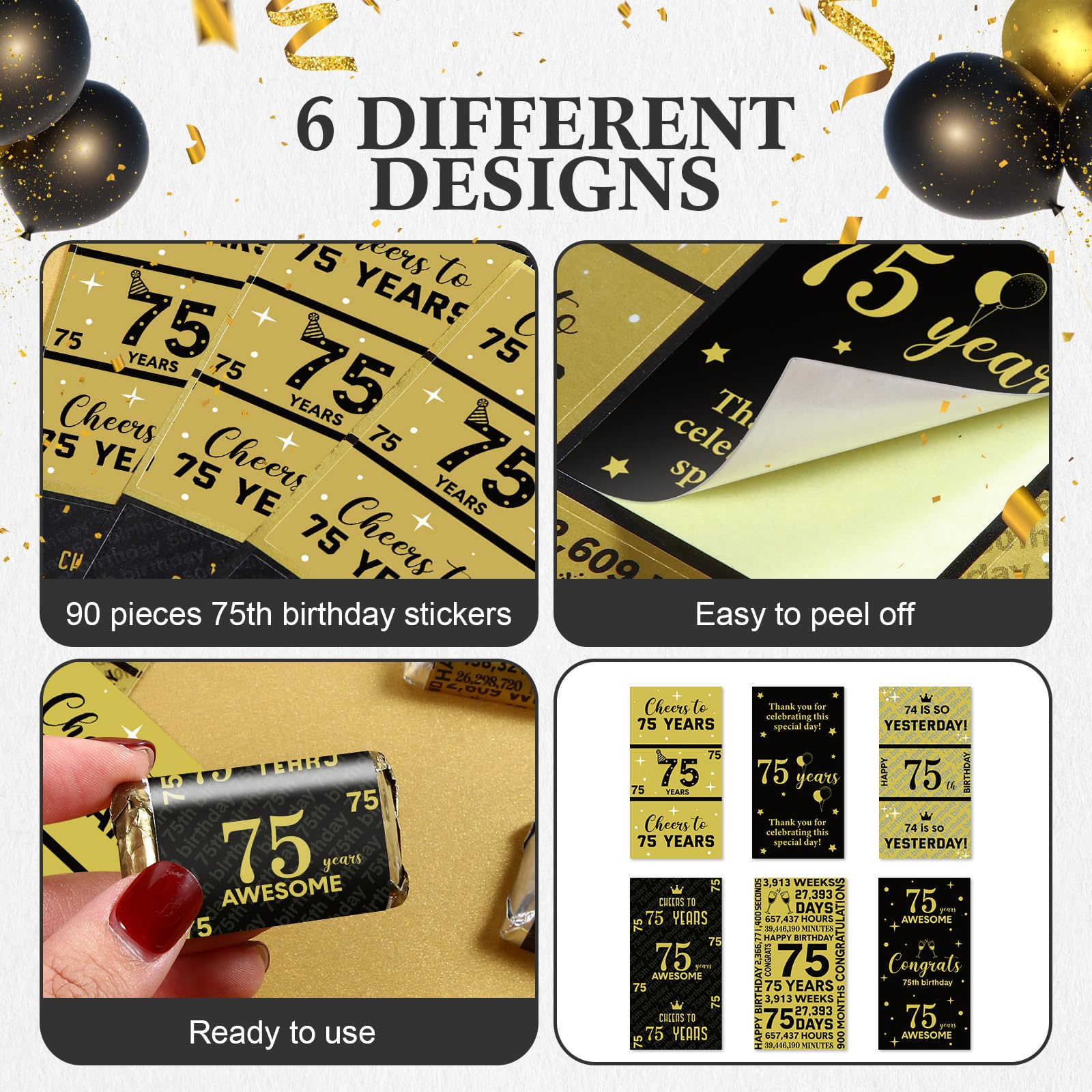 Snapklik.com : 90 Pcs 75th Birthday Candy Bar Wrappers Black And Gold ...