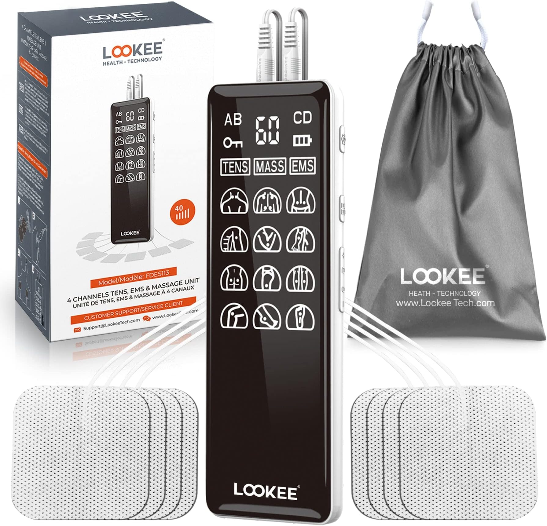 Amazon.com: LOOKEE 4-Channel TENS Unit Muscle Stimulator for Pain Relief Therapy - Premium LED ...