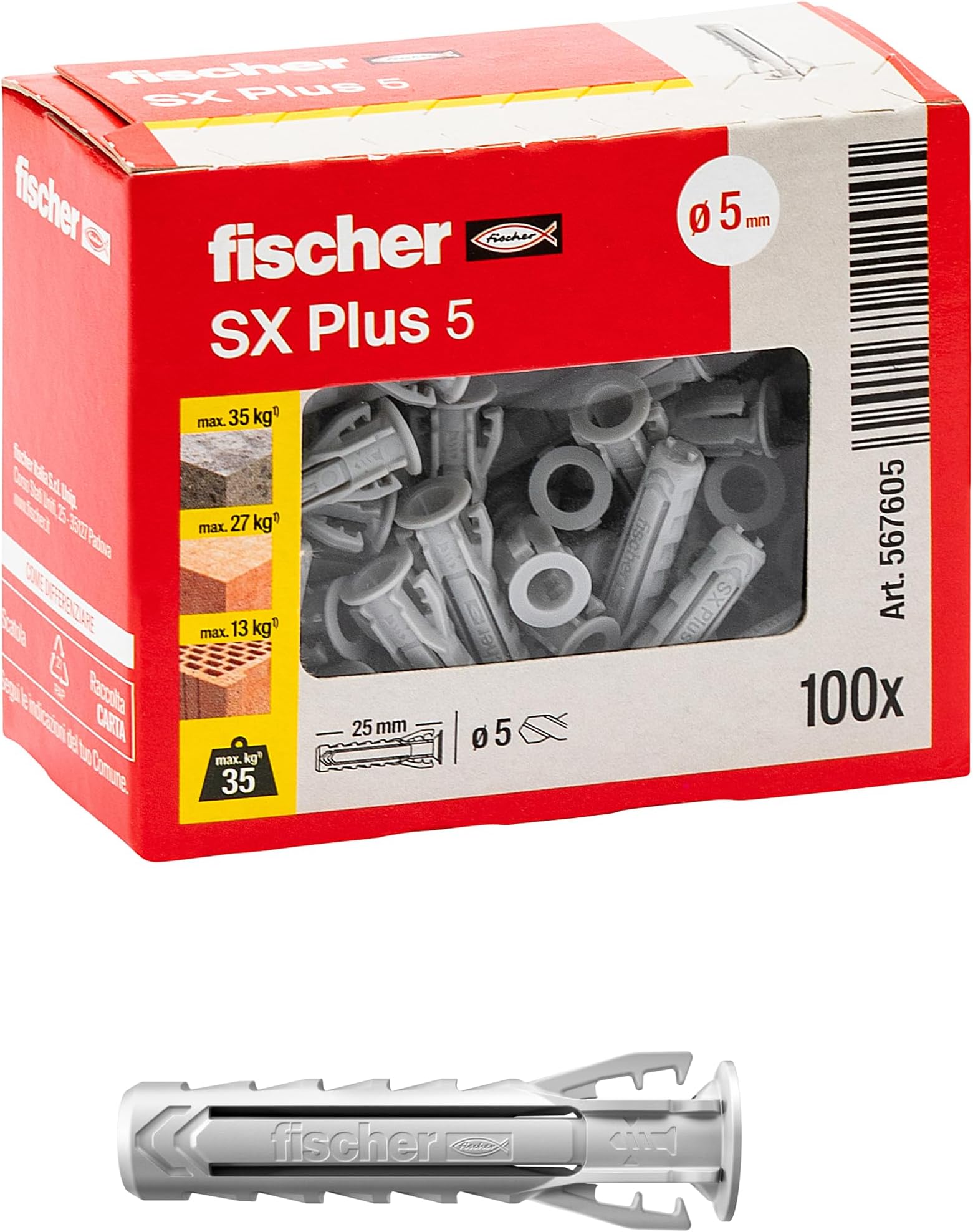 Fischer 50 chevilles SX Plus 10 x 50 mm pour mur plein, brique perforée ...