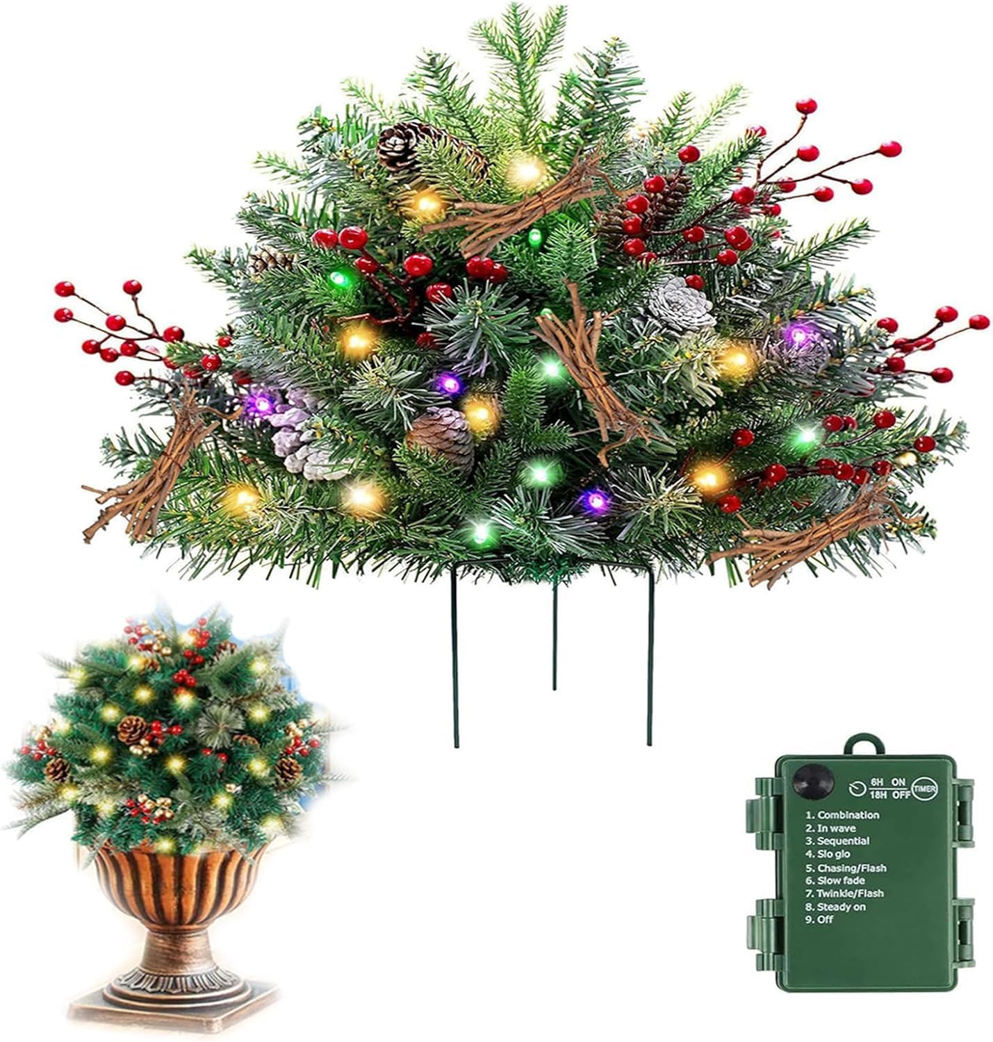 Amazon.com: Pre-Lit Artificial Christmas Tree Urn Filler, Prelit Holiday Planter Filler, Outdoor ...