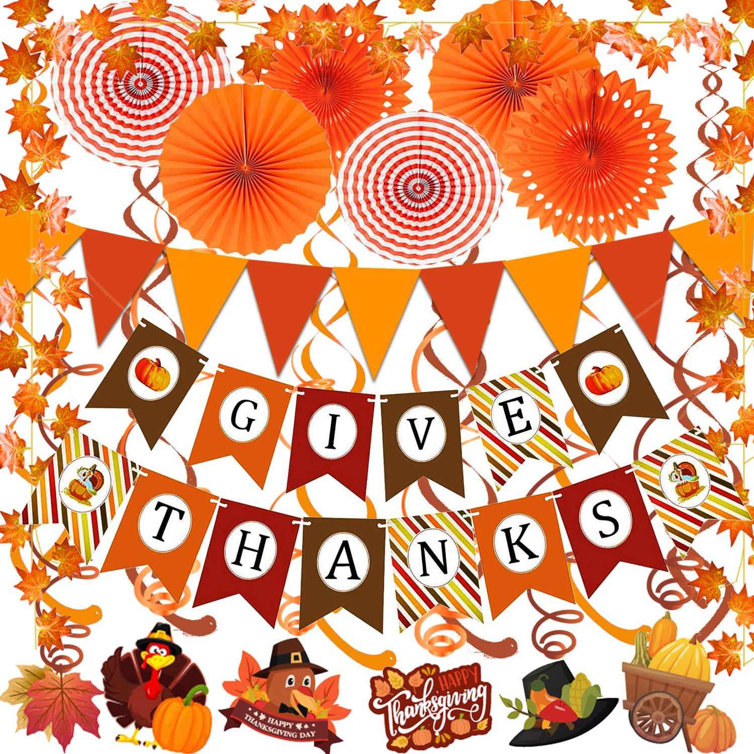 Amazon.com: Give Thanks Pumpkin Maple leaf Paper Banner Triangle Flag ...