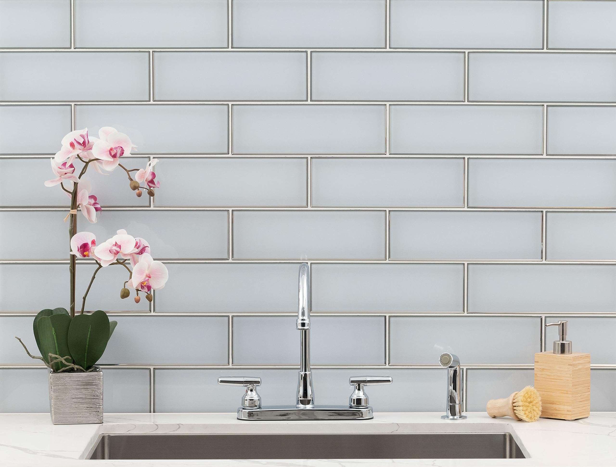 White Beveled Subway Tile Backsplash Ice White Glass Bevel 4×12 | Gem
