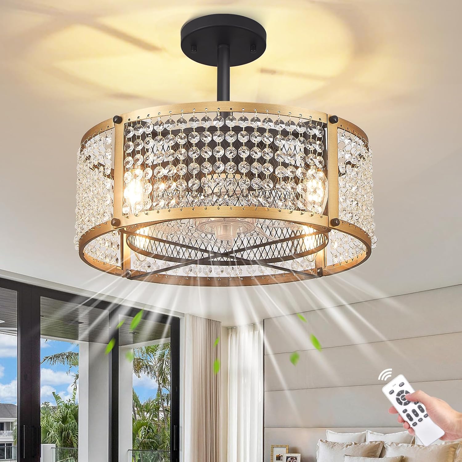 Black and Gold Ceiling Fan with Light, Caged Ceiling Fans with Lights ...