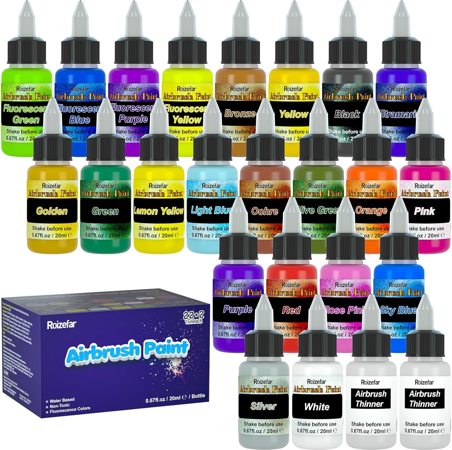 Roizefar Airbrush Paint, 22 Colors Air Brush Paint Kit with 2 Thinners ...