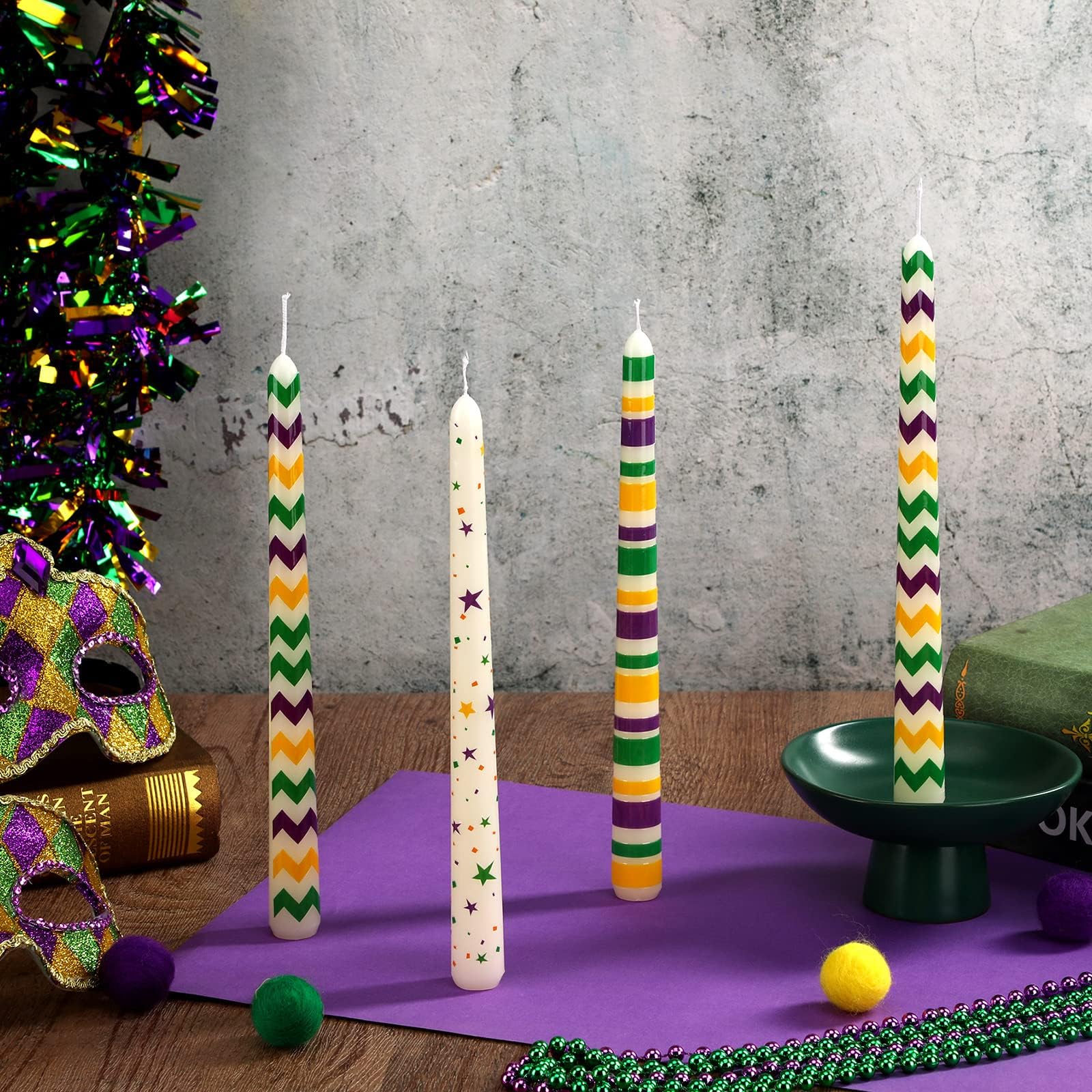 Amazon.com: 6 Pcs Mardi Gras Taper Candles 10 Inch Tall Stripes and ...