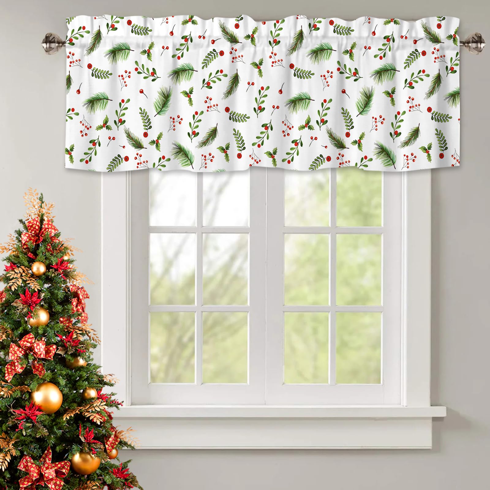 Amazon.com: JOOCAR Christmas Tree Branch Berry Curtain Kitchen Valances ...