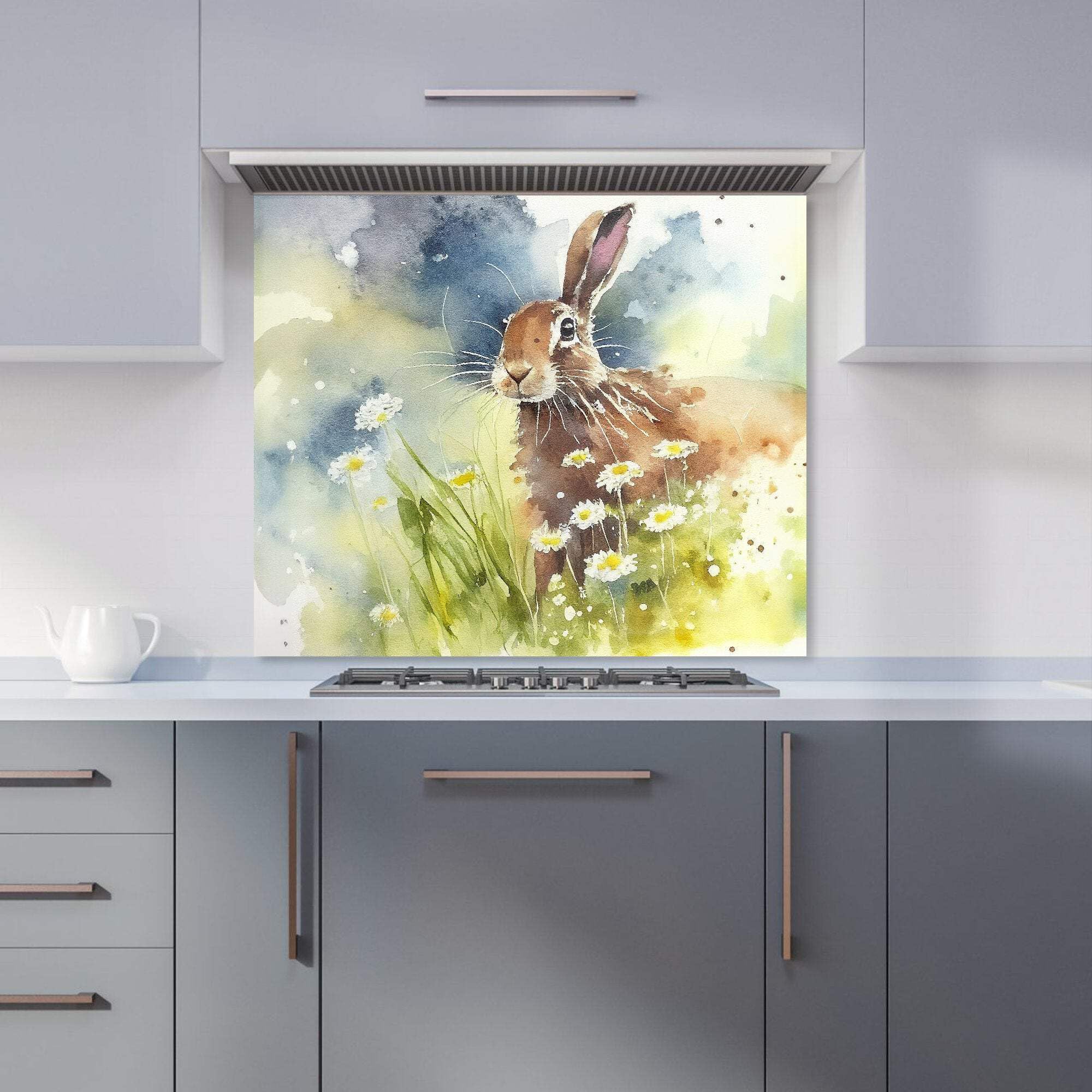 Premium Hare And Daisies Watercolour Kitchen Splashback 6mm Toughened ...