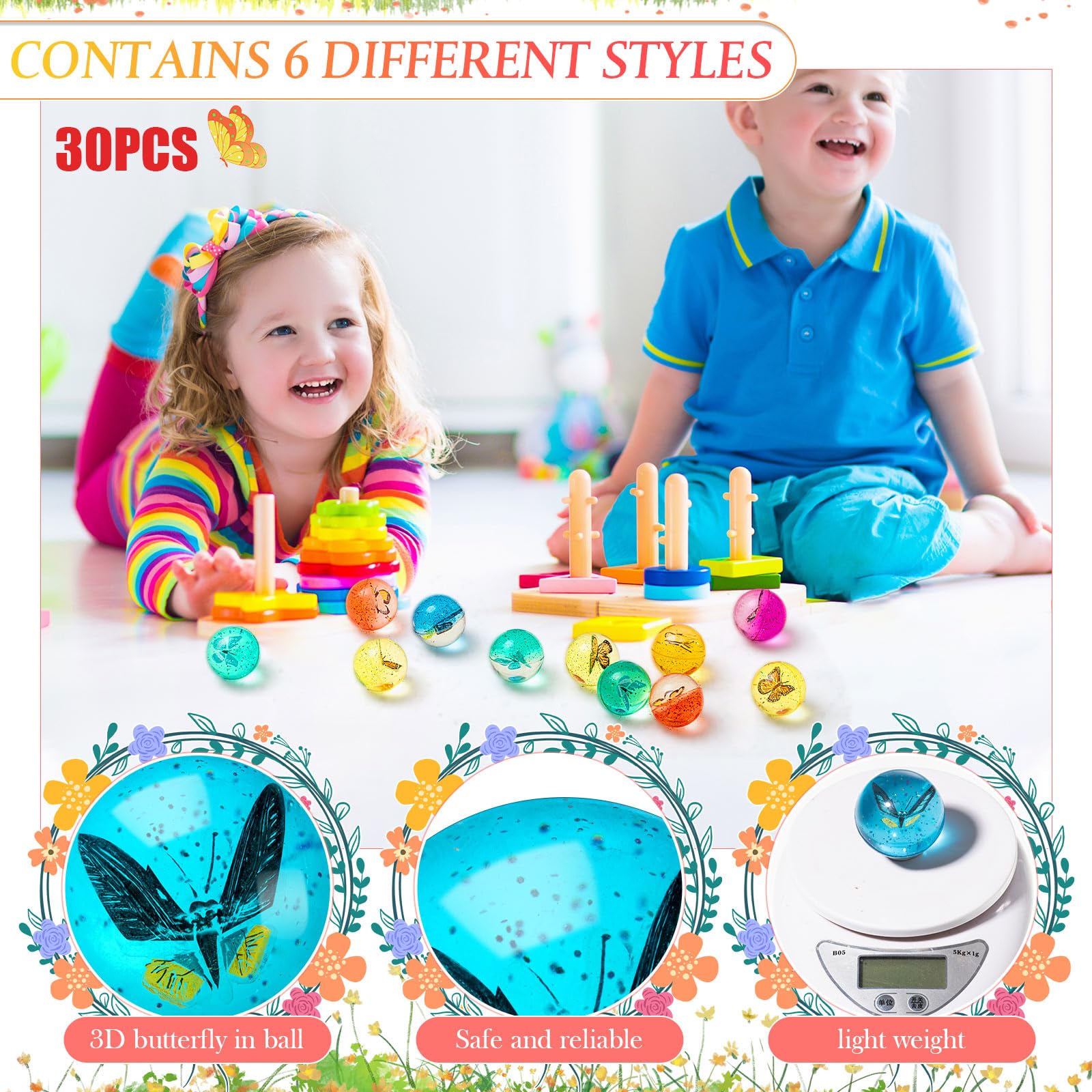 Poen 30 Pcs Butterfly Bouncy Balls High Bounce Balls with 3D Butterfly ...