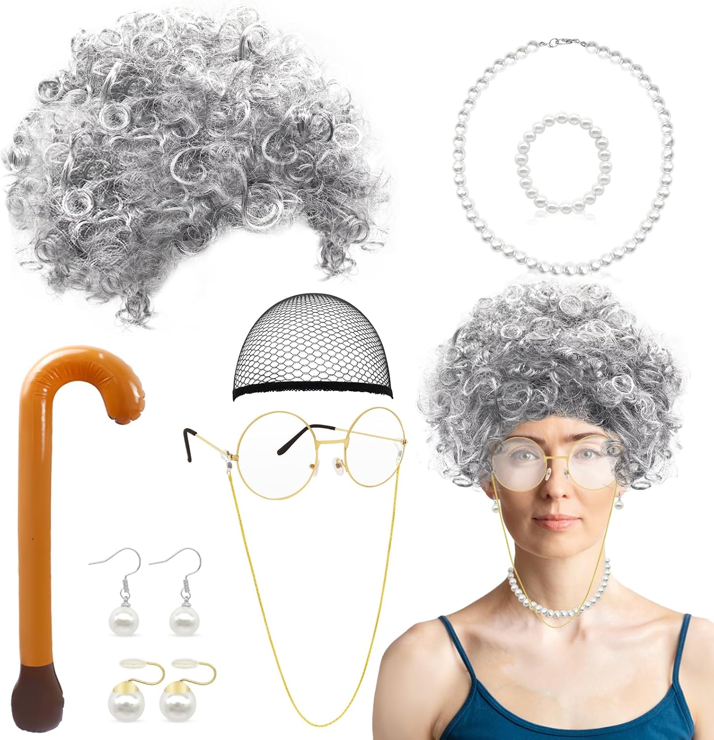 8pcs Old Lady Costume Set, Granny Wig Set Including Glasses Necklace ...