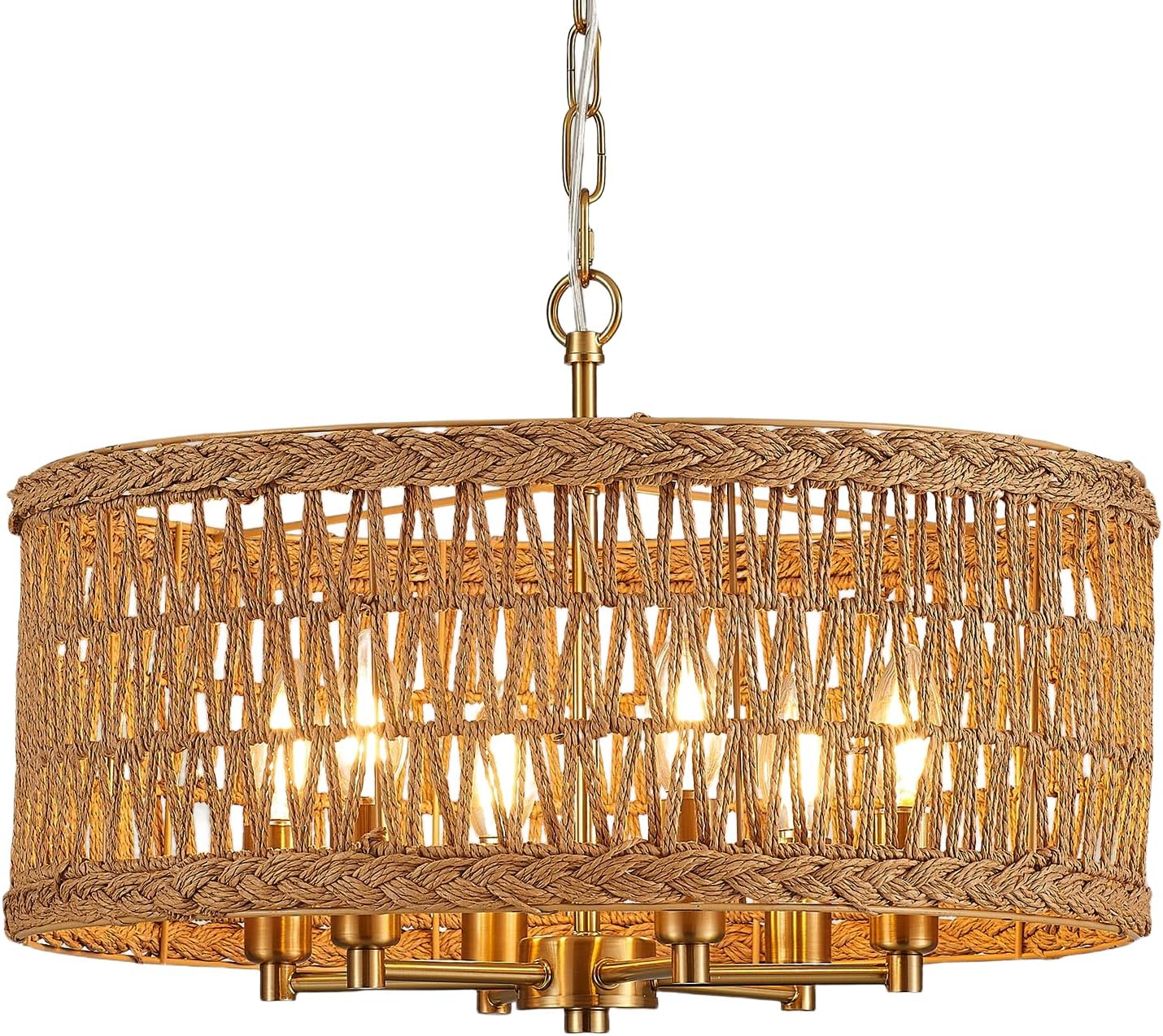 Tunkayli Farmhouse Large Chandelier 20in 6-Light Woven Rattan Hanging ...