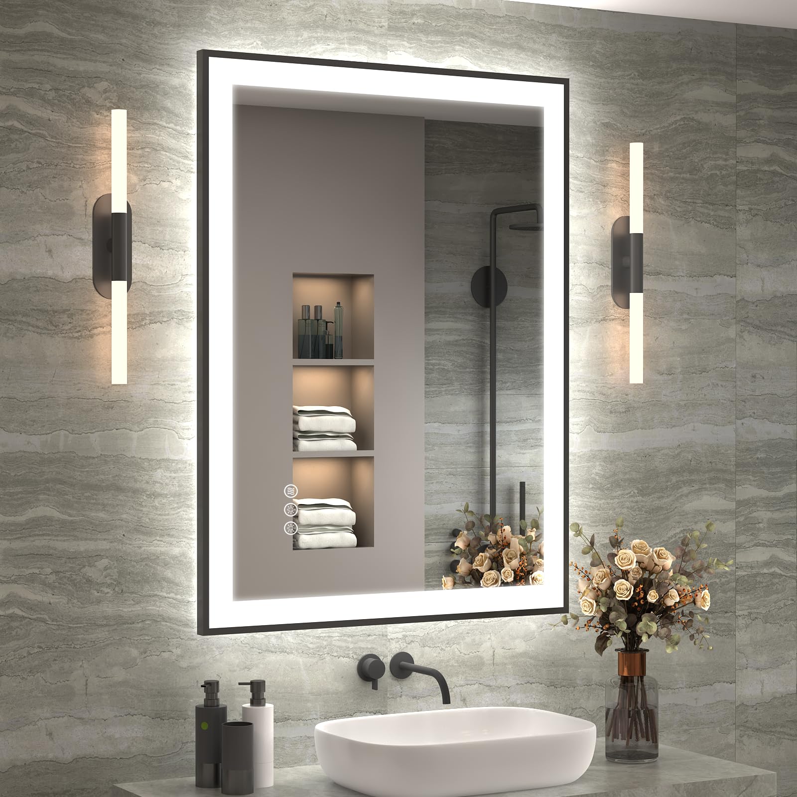 LED Bathroom Vanity Mirrors 24x36, Framed Dimmable Makeup Mirror for ...